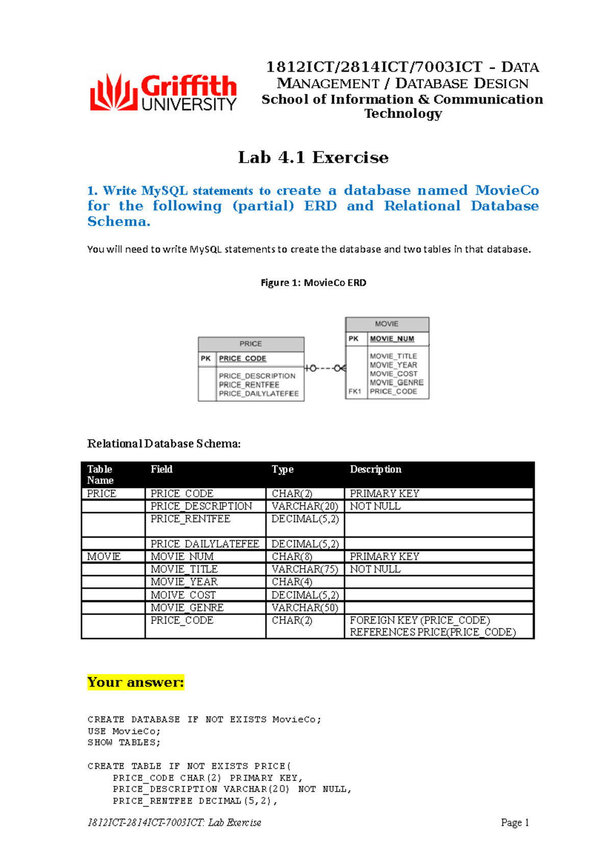 Lab 4.1 Exercise - 1812ICT/2814ICT/7003ICT – DATA MANAGEMENT / DATABASE ...