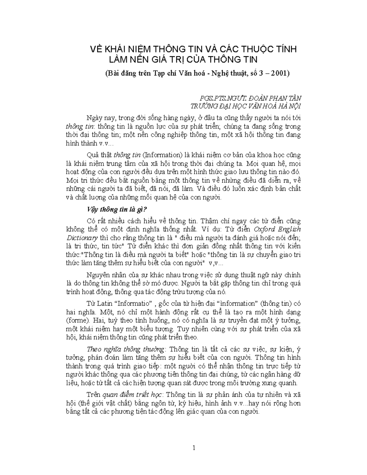 Ve KNiem TTin va Cac Thuoc Tinh Lam Nen - VỀ KH¡I NIỆM TH‘NG TIN V¿ C¡C THUỘC TÕNH L¿M N N GI ...