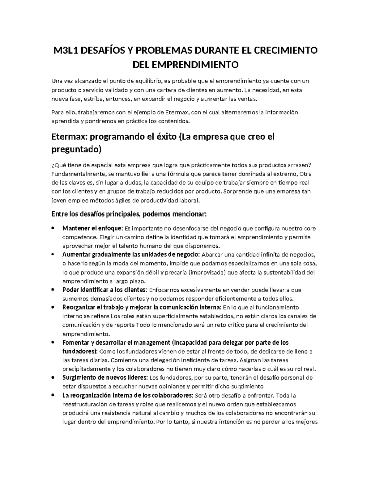 Desarrollo emprendedor M3 y M4 - M3L1 DESAFÍOS Y PROBLEMAS DURANTE EL CRECIMIENTO DEL ...