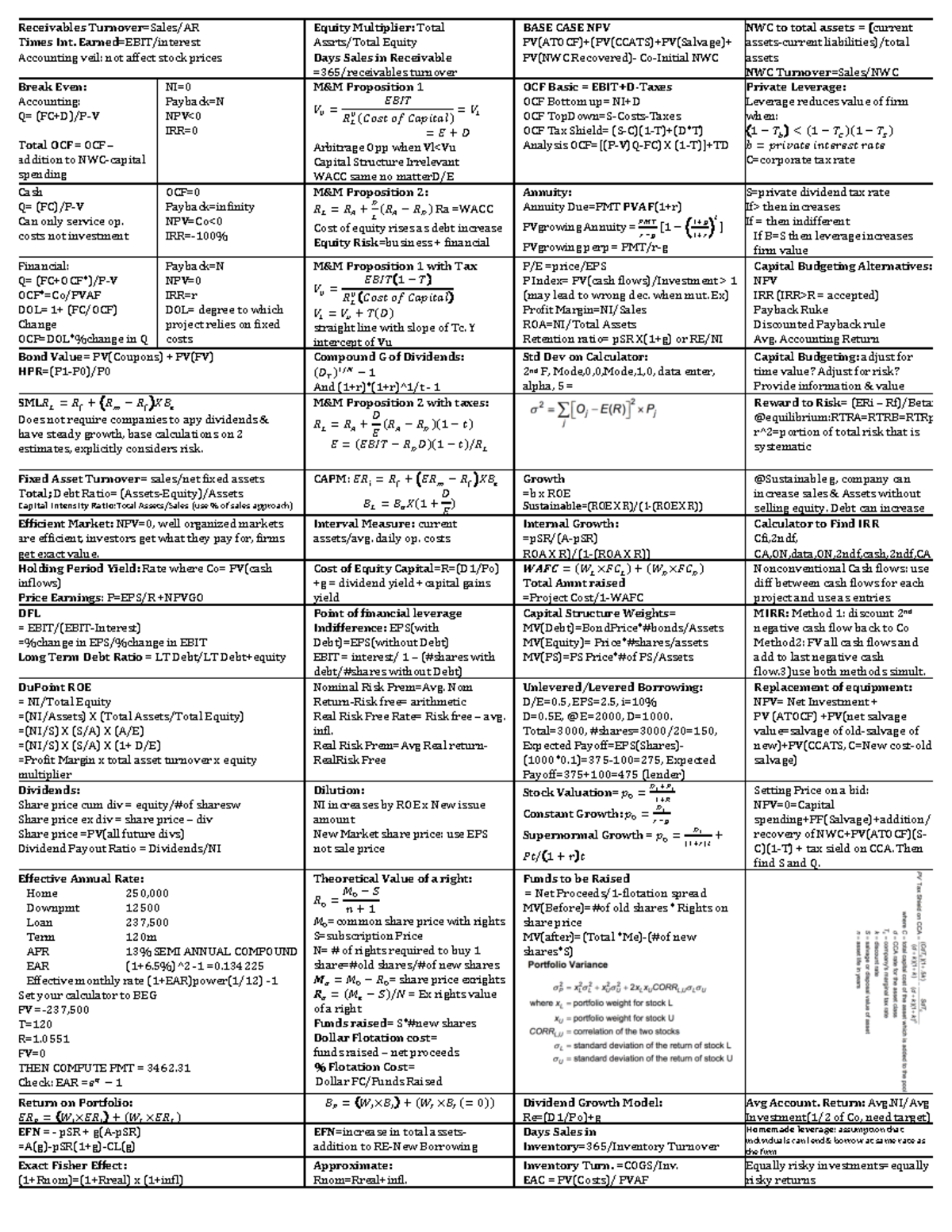 292244424 Corporate Finance Formula Sheet - Receivablesठ⃚Turnover ...