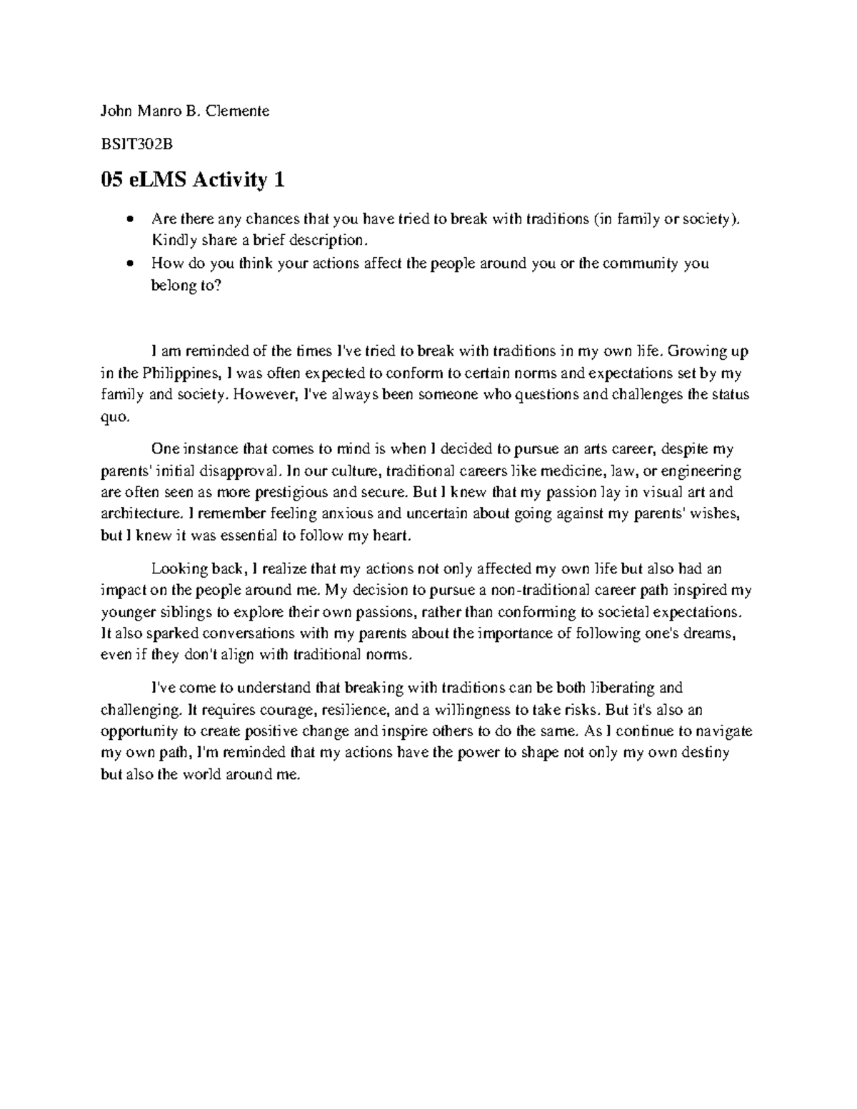 Document 29 - John Manro B. Clemente BSIT302B 05 eLMS Activity 1 Are ...