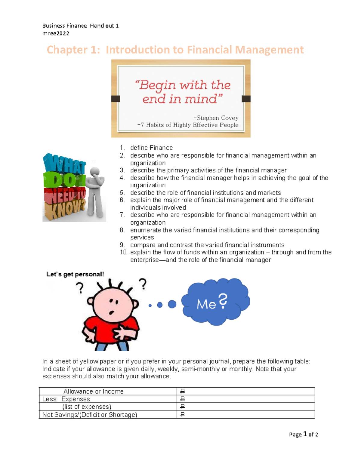 Business finance Handout - mree In a sheet of yellow paper or if you ...