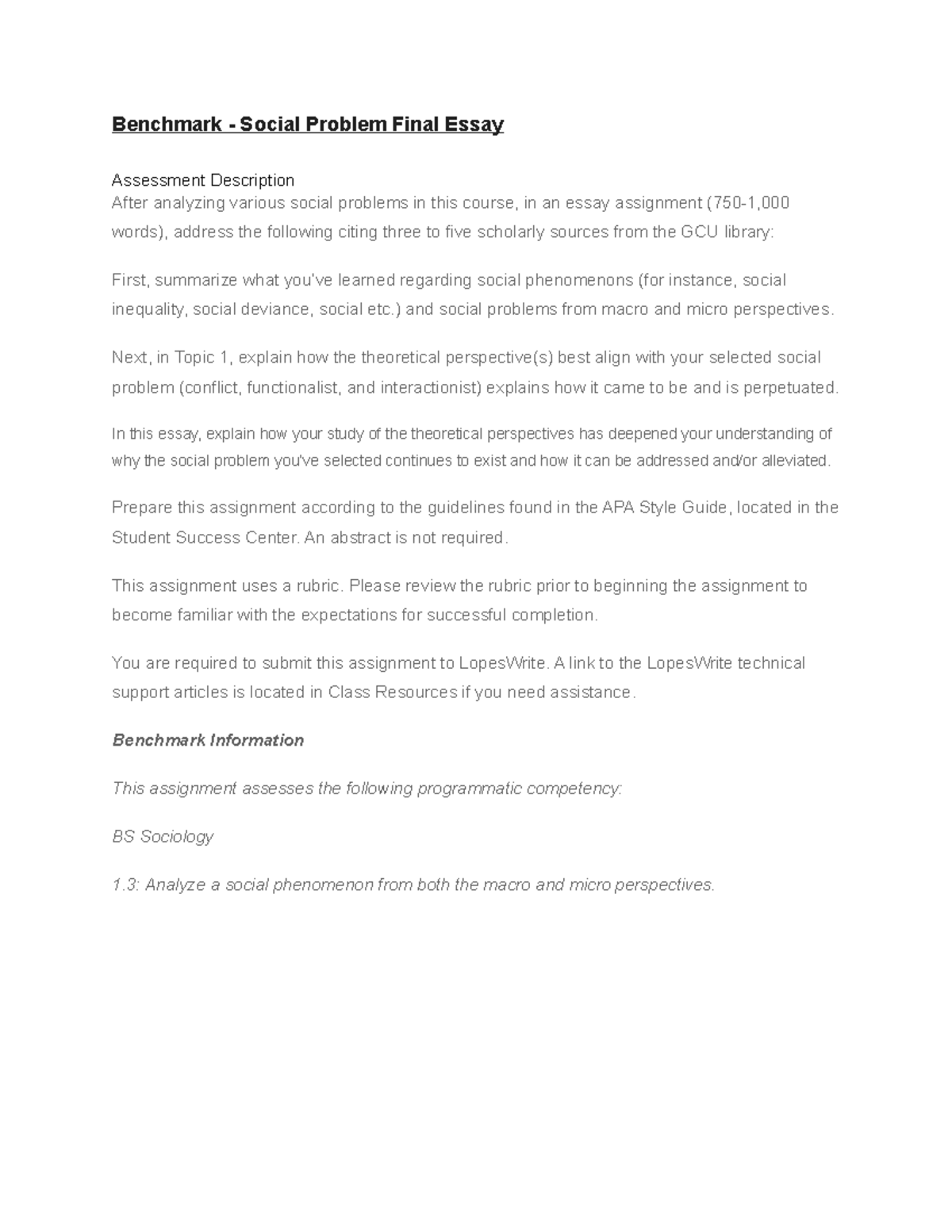 Benchmark - Social Problem Final Essay - Benchmark - Social Problem ...