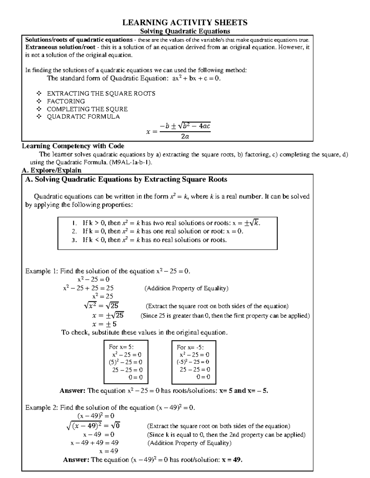 Quadratic-Equations-Methods - LEARNING ACTIVITY SHEETS Solving ...