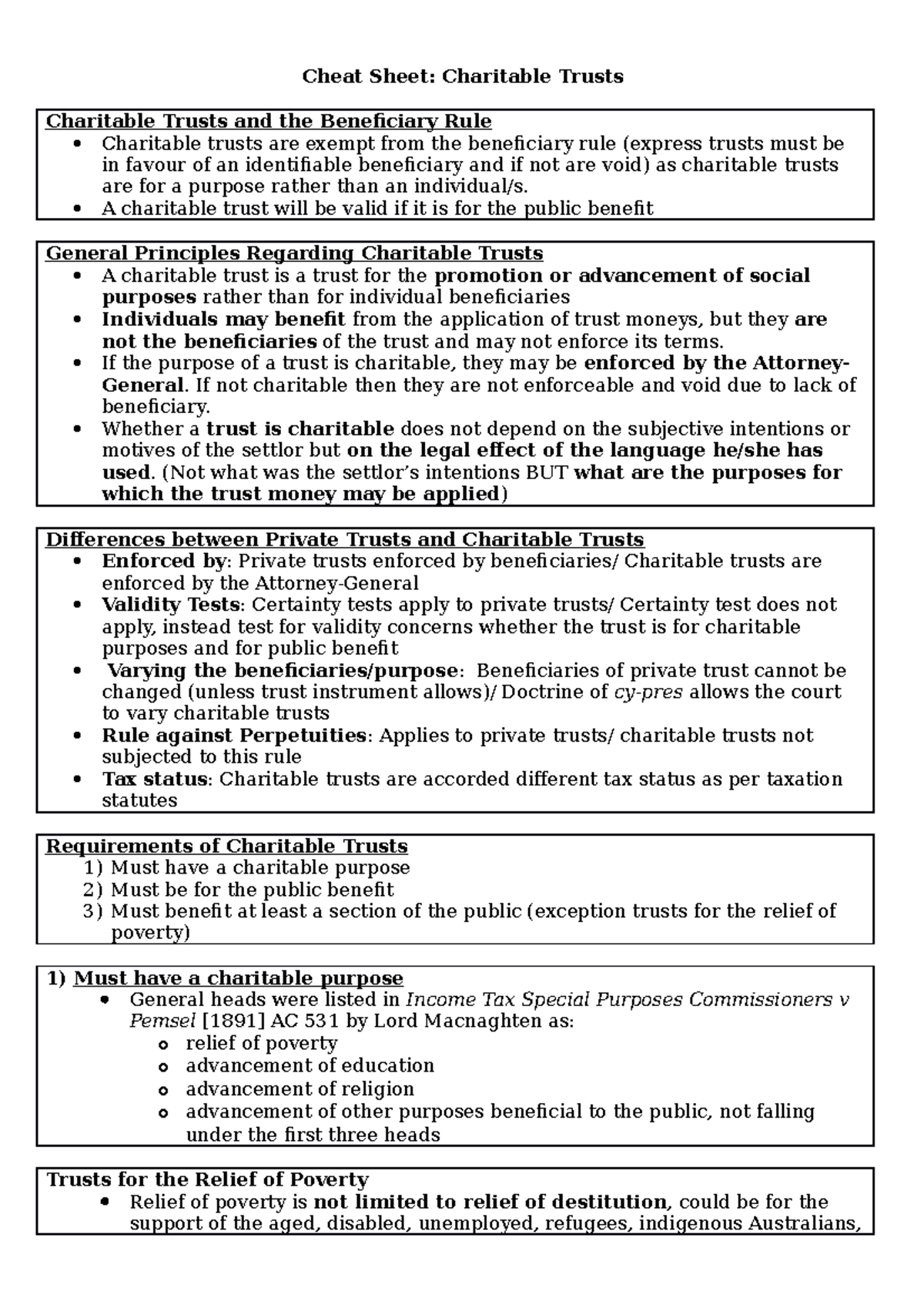 Cheat Sheet- Charitable Trusts - If the purpose of a trust is ...