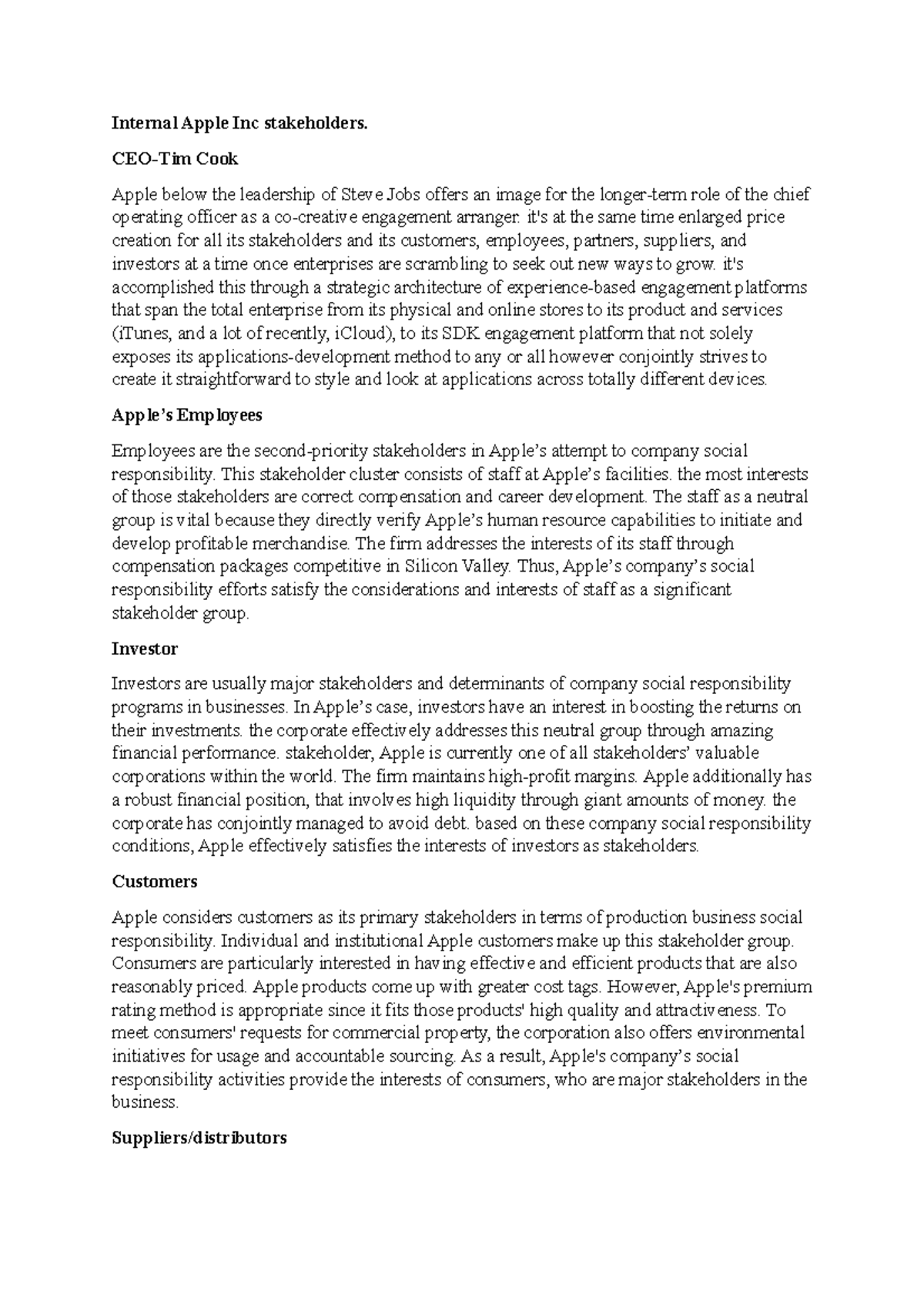 Business assignments - Internal Apple Inc stakeholders. CEO-Tim Cook ...