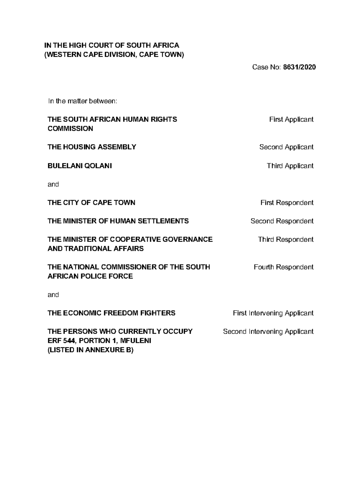 Co CT Heads of Argument Part A Sahrc v Co CT - IN THE HIGH COURT OF ...