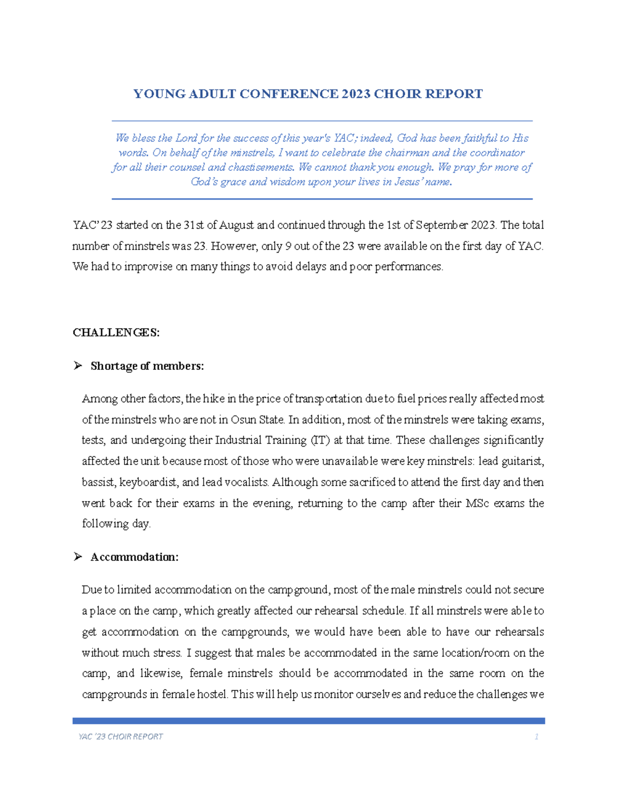 Young Adult Conference 2023 Choir Report - YAC ’ 23 CHOIR REPORT 1 YOUNG ADULT CONFERENCE 2023 ...