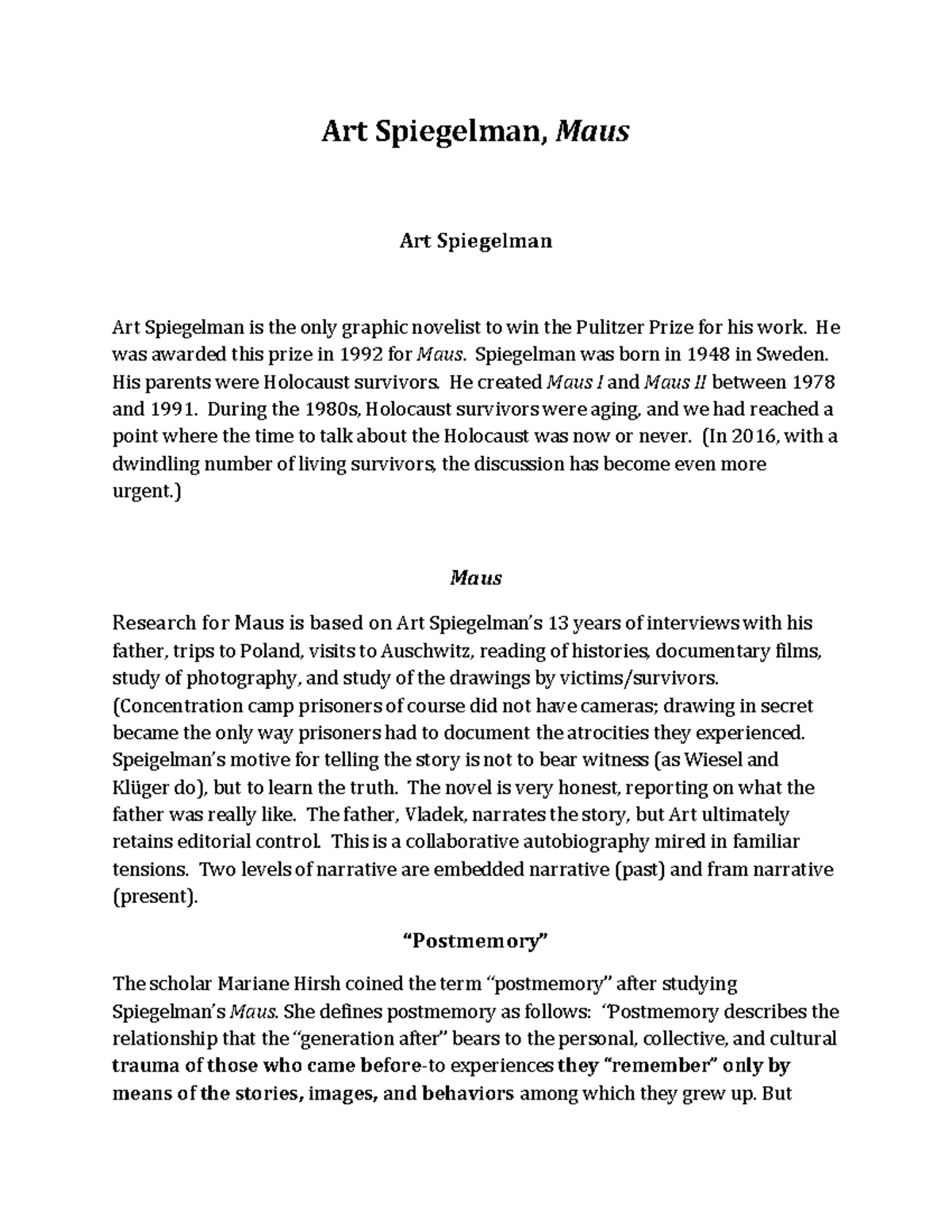 Spiegelman, Maus - Summary Maus - Maus - Art Spiegelman, Maus Art ...