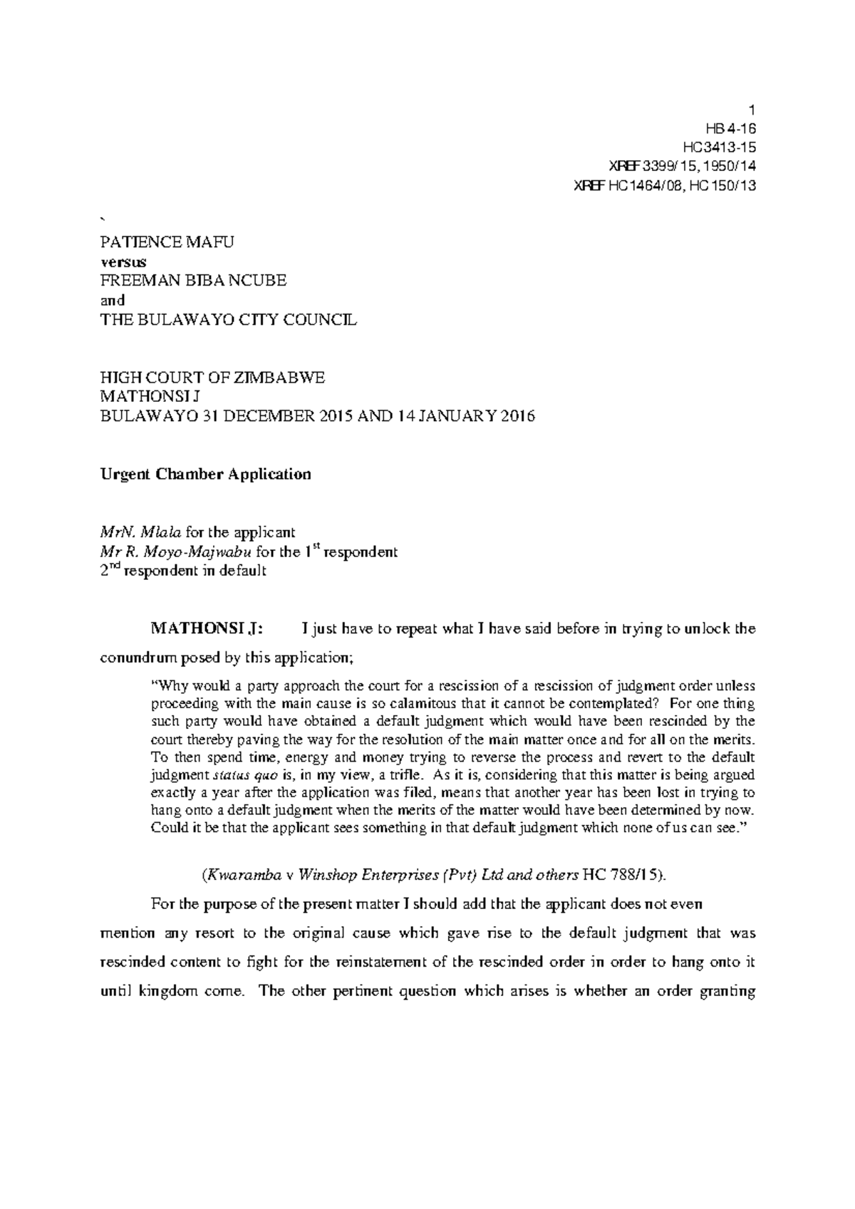 BH 04-16 Patience Mafu vs Freeman Biba Ncube - HB 4 - 16 HC 3413- 15 ...