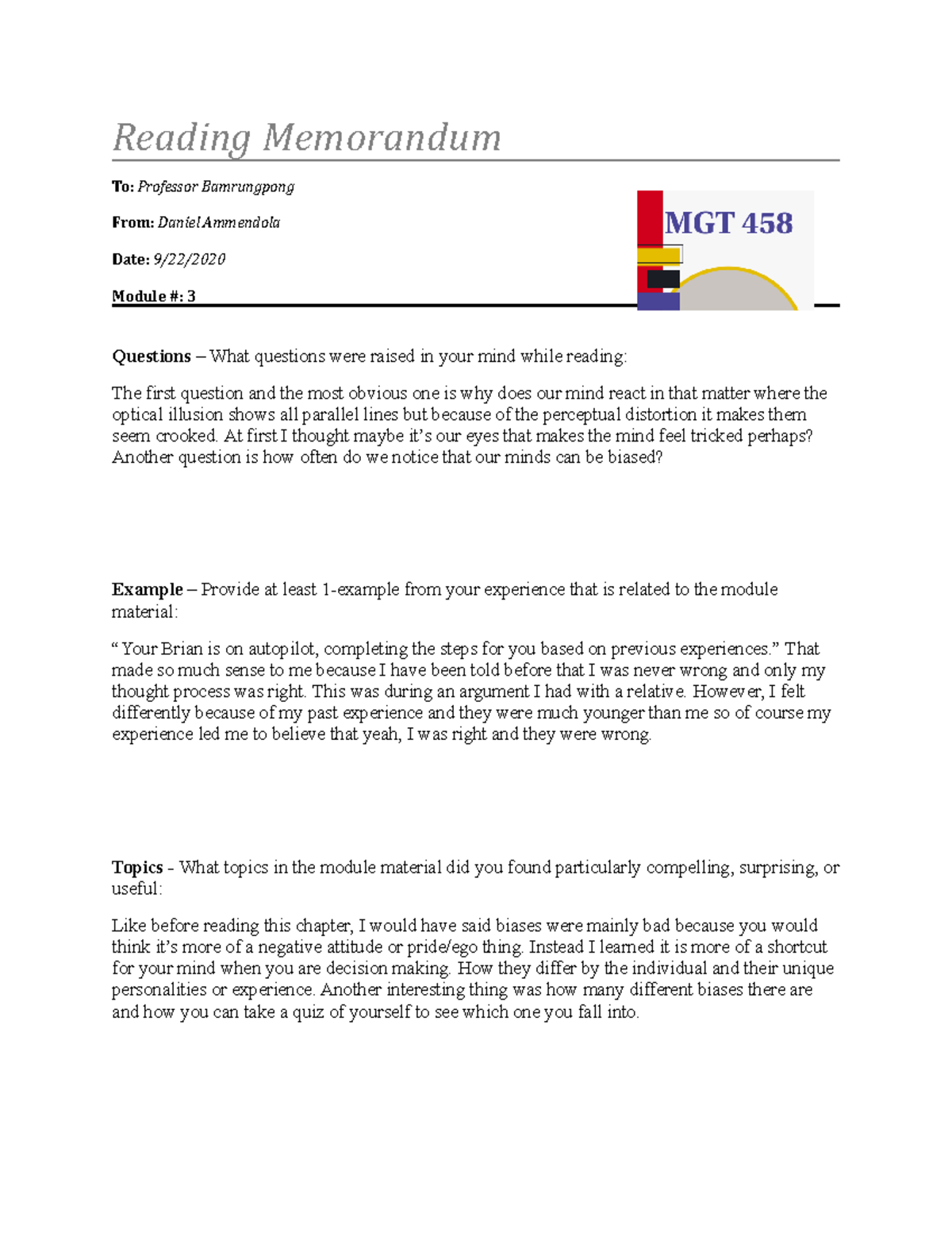 Reading+Memo+Assignment+3 - Reading Memorandum To: Professor ...