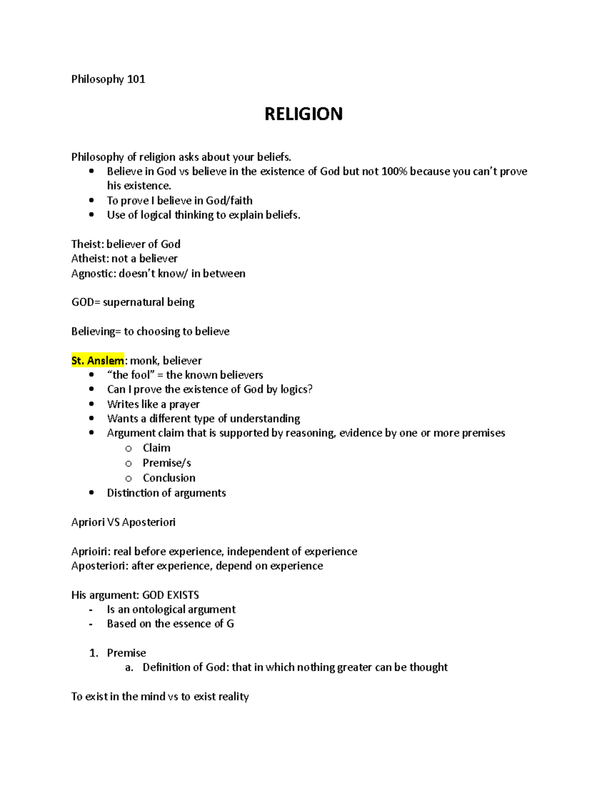 Philosophy 101 - Lecture notes 2 - Philosophy 101 RELIGION Philosophy ...