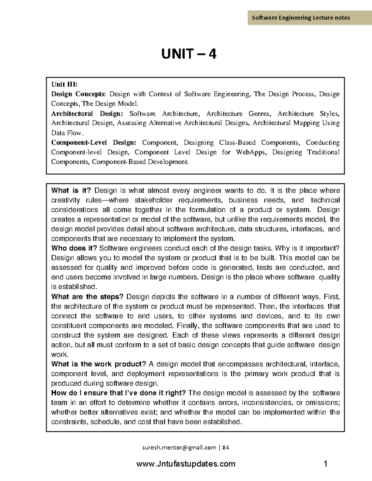 SE R19 - UNIT 4 - Summary Software Project Management - suresh@gmail | 84 3 .0 DESIGN CONCEPTS ...