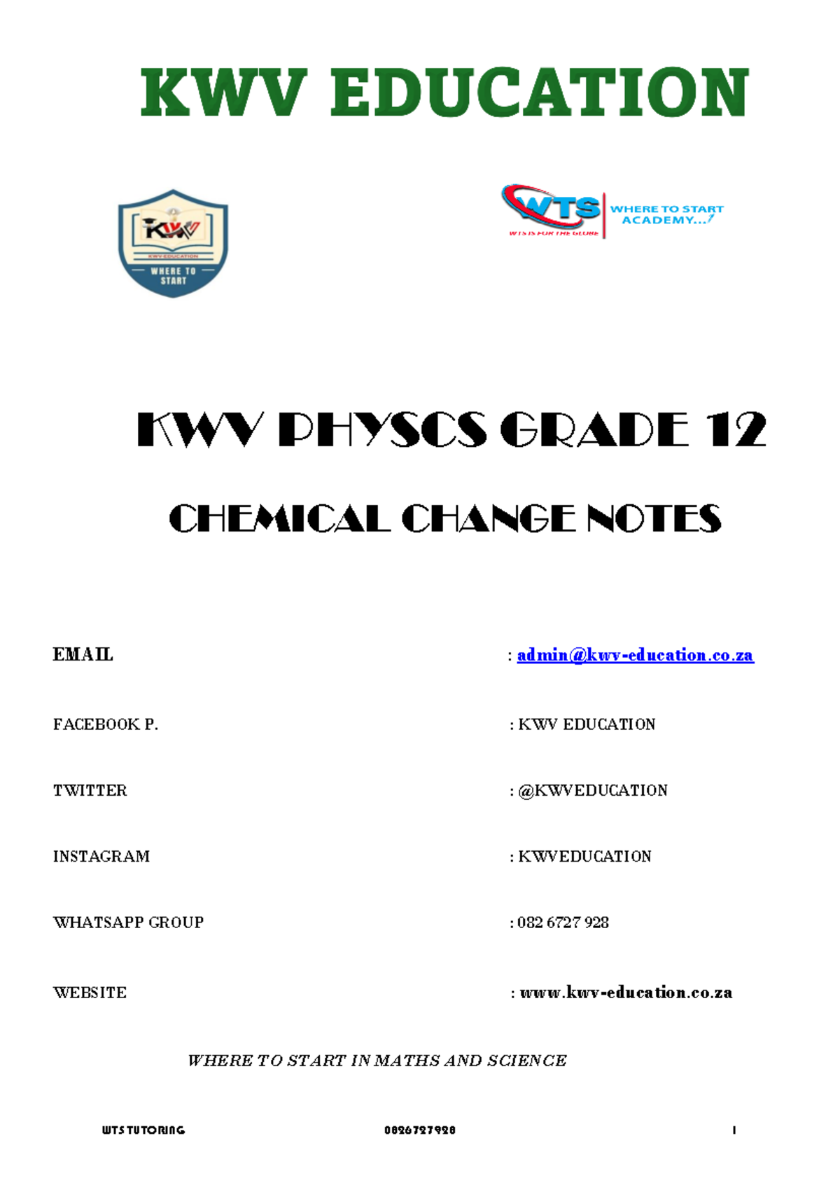 KWV 12 Physcs Chemical Change Notes - KWV PHYSCS GRADE 12 CHEMICAL ...