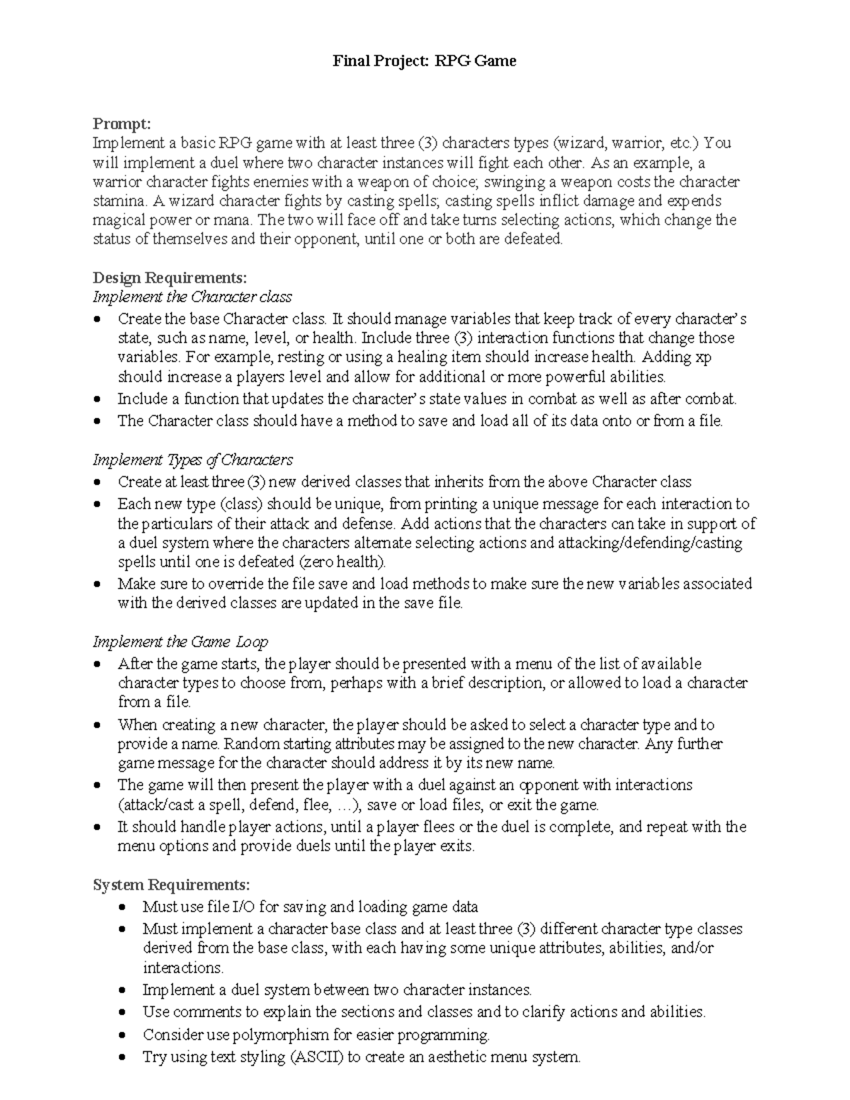 Game Battle Final Project - Final Project: RPG Game Prompt: Implement a basic RPG game with at ...