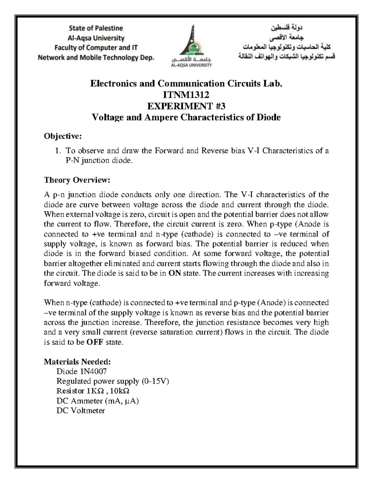 EXP3 - Electronics and Communication Circuits Lab. ITNM EXPERIMENT Voltage and Ampere - Studocu