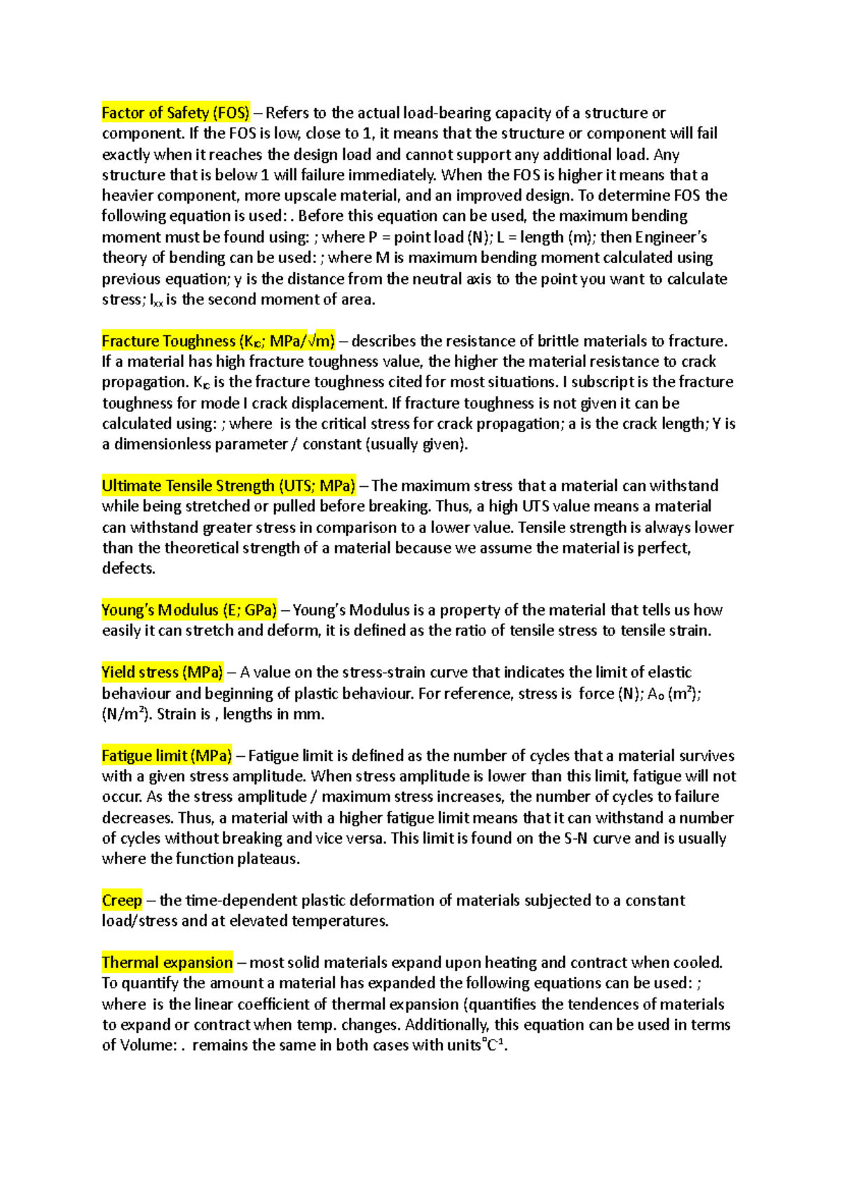 UQ - ENGG1700 - Summary of the materials formula - Factor of Safety ...