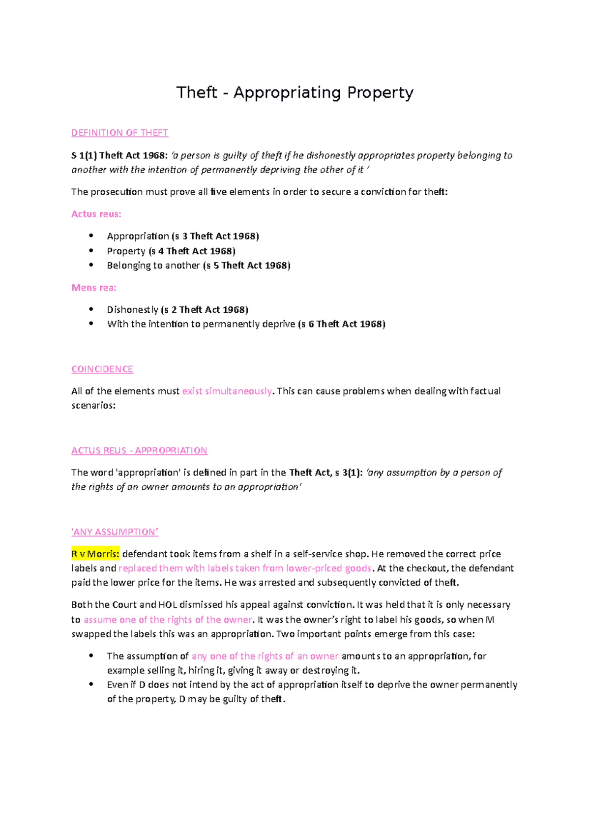 Week 4 - Theft - Theft - Appropriating Property DEFINITION OF THEFT S 1 ...