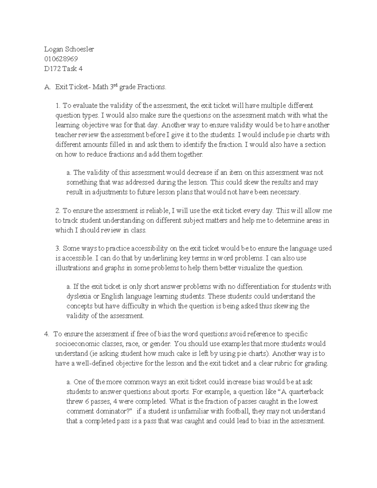 D172 task4 - d172 4 - Logan Schoesler 010628969 D172 Task 4 A. Exit Ticket- Math 3rd grade - Studocu