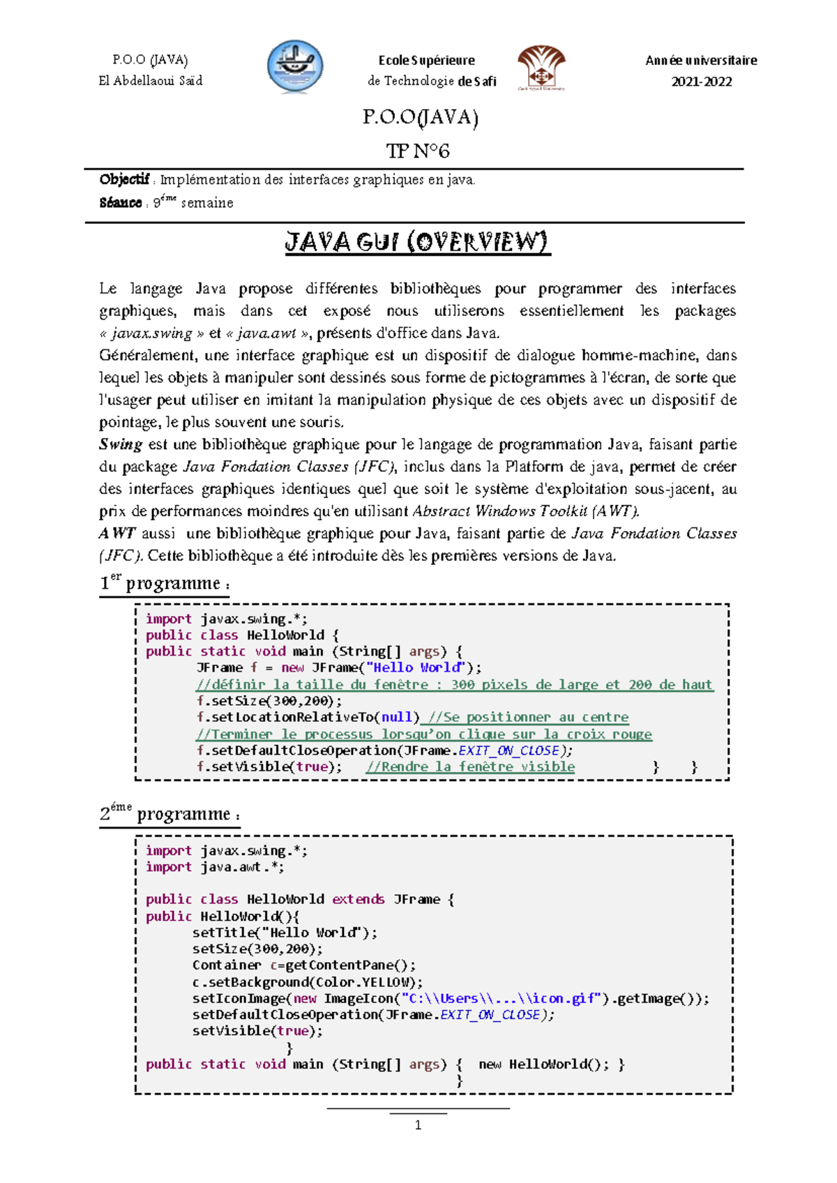Tp 6 2020 - Interfaces Graphiques - P.O (JAVA) Ecole Supérieure Année universitaire El ...