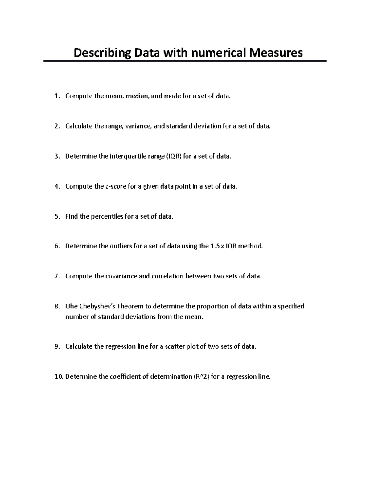 Describing data with numerical measures - Describing Data with numerical Measures Compute the ...
