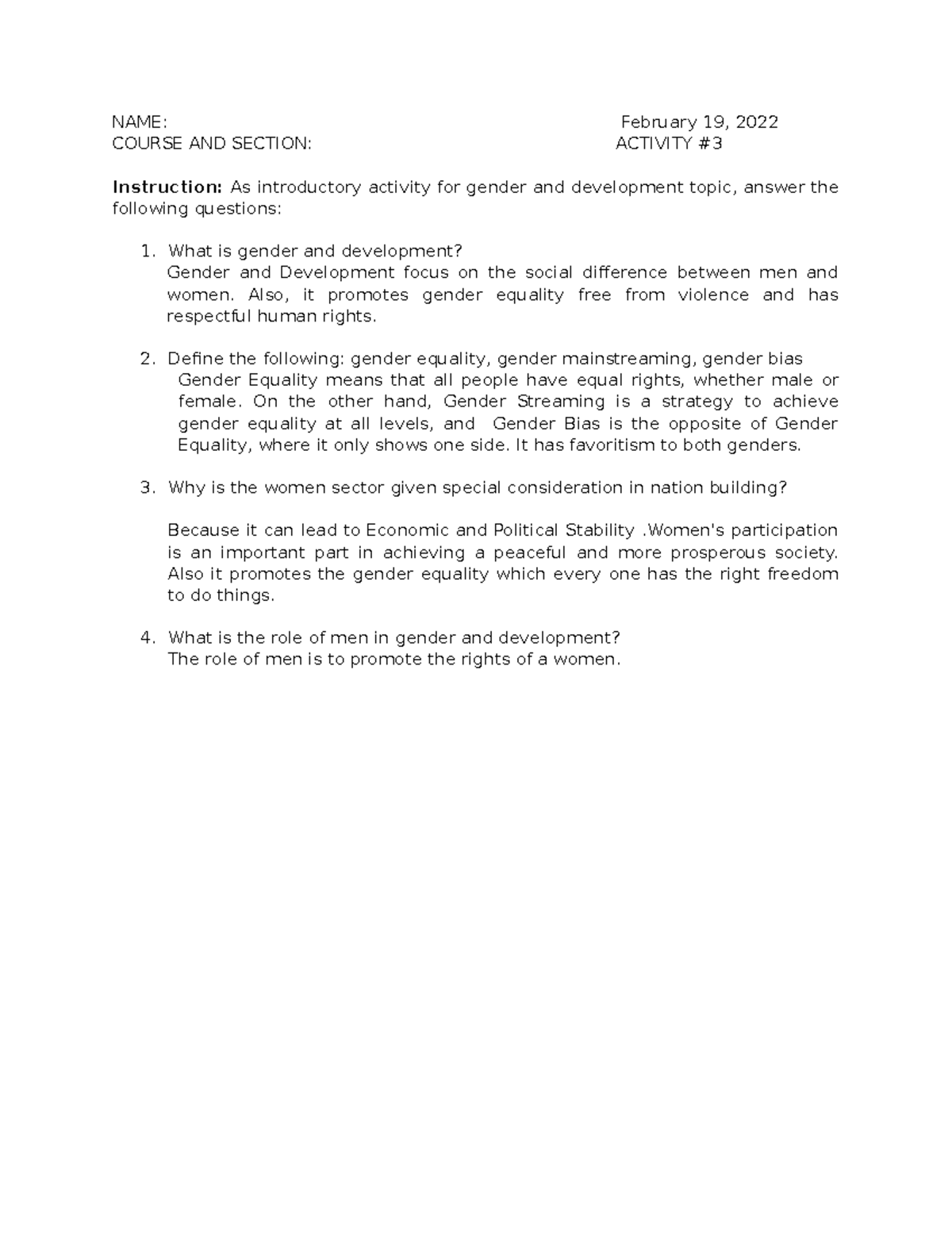 Activity 3 - Gender and Development Topic - NAME: February 19, 2022 ...