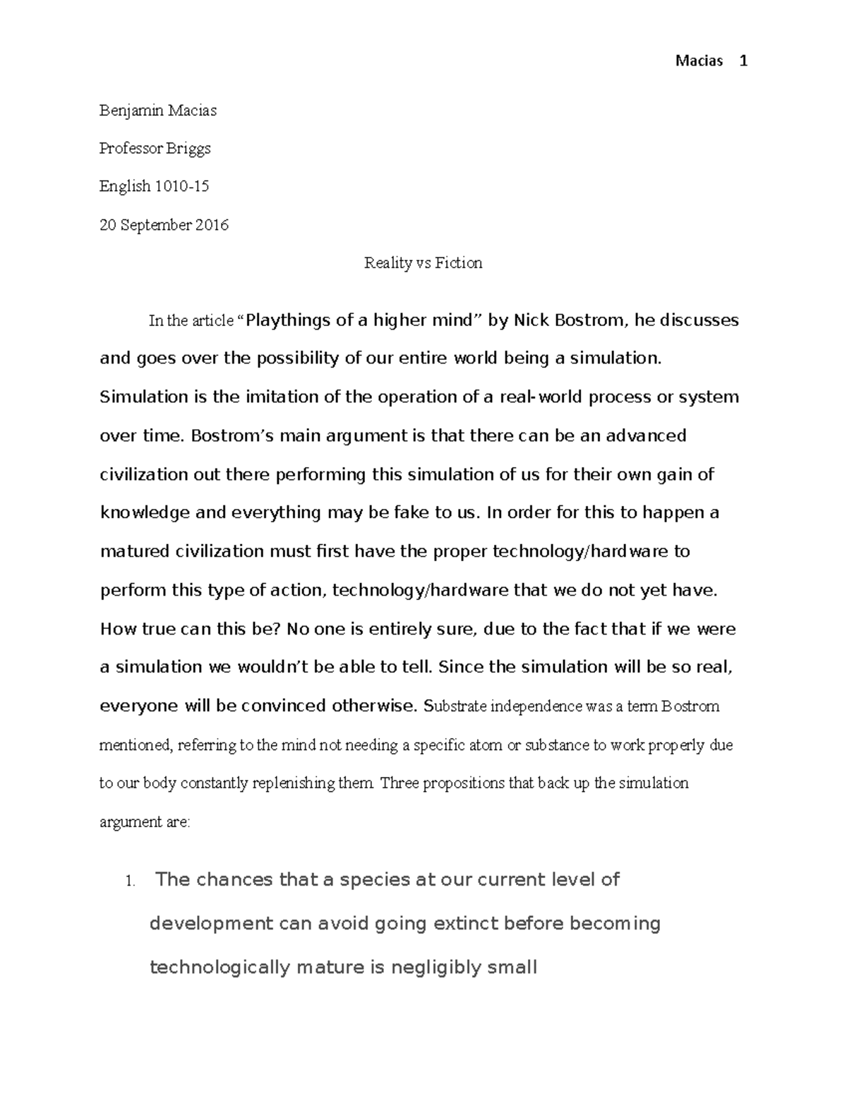 English 1010-15 Unit 2 Journal 1 - Macias 1 Benjamin Macias Professor ...