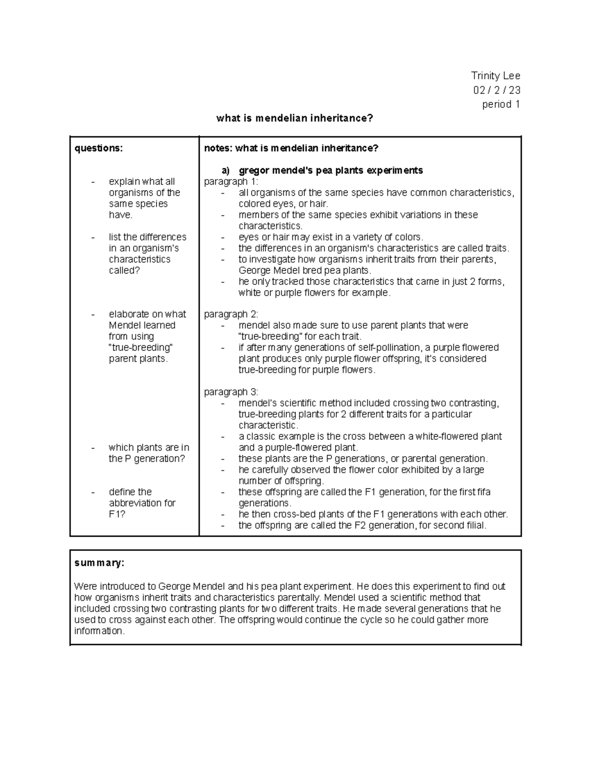 Cornell Notes on Ch. 4.1 Genetics - alana lopez - Trinity Lee 02 / 2 ...