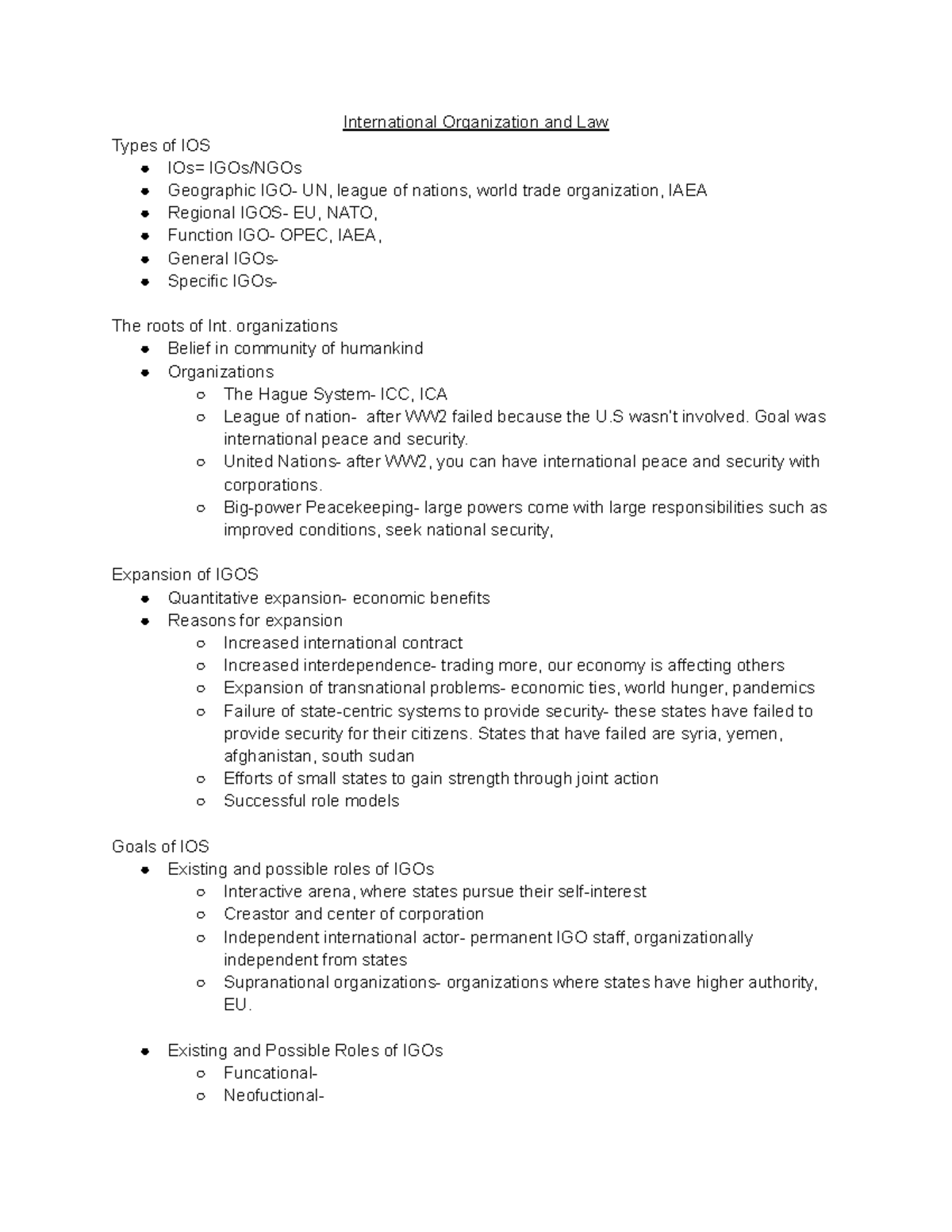 Ir notes 3 - International Organization and Law Types of IOS IOs= IGOs ...
