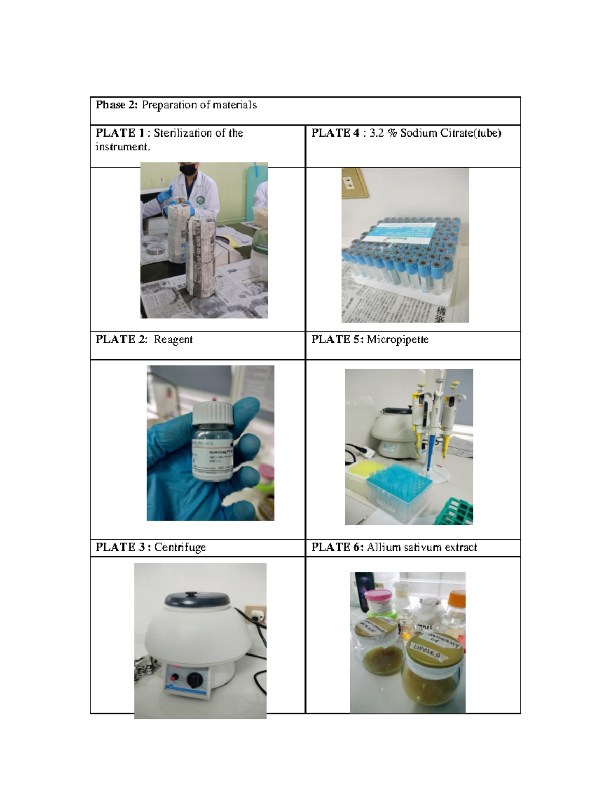 Plates - clinical chemistry - Phase 2: Preparation of materials PLATE 1 ...