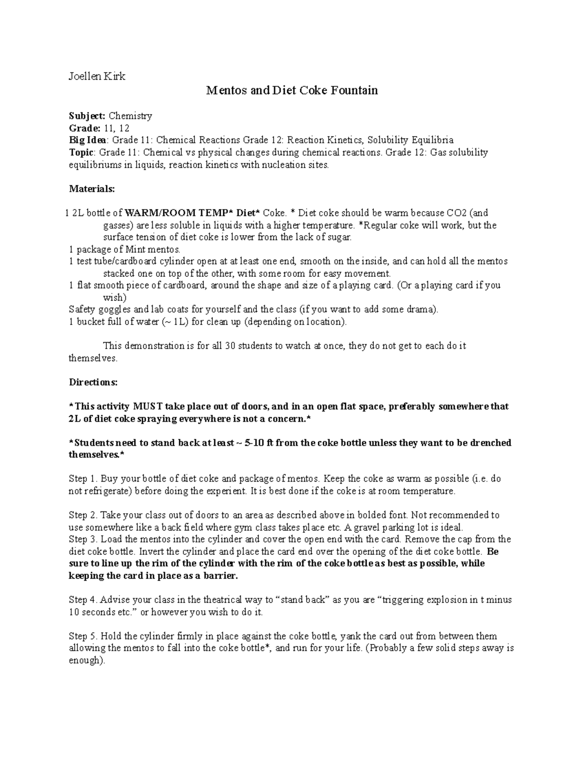 Mentos and diet coke demo - Joellen Kirk Mentos and Diet Coke Fountain ...