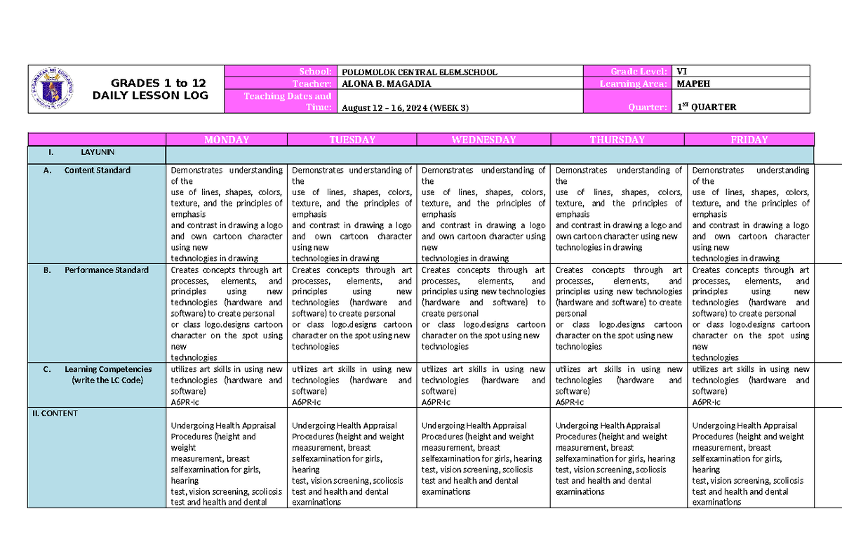 DLL grade 6 arts week1 - exam - GRADES 1 to 12 DAILY LESSON LOG School ...