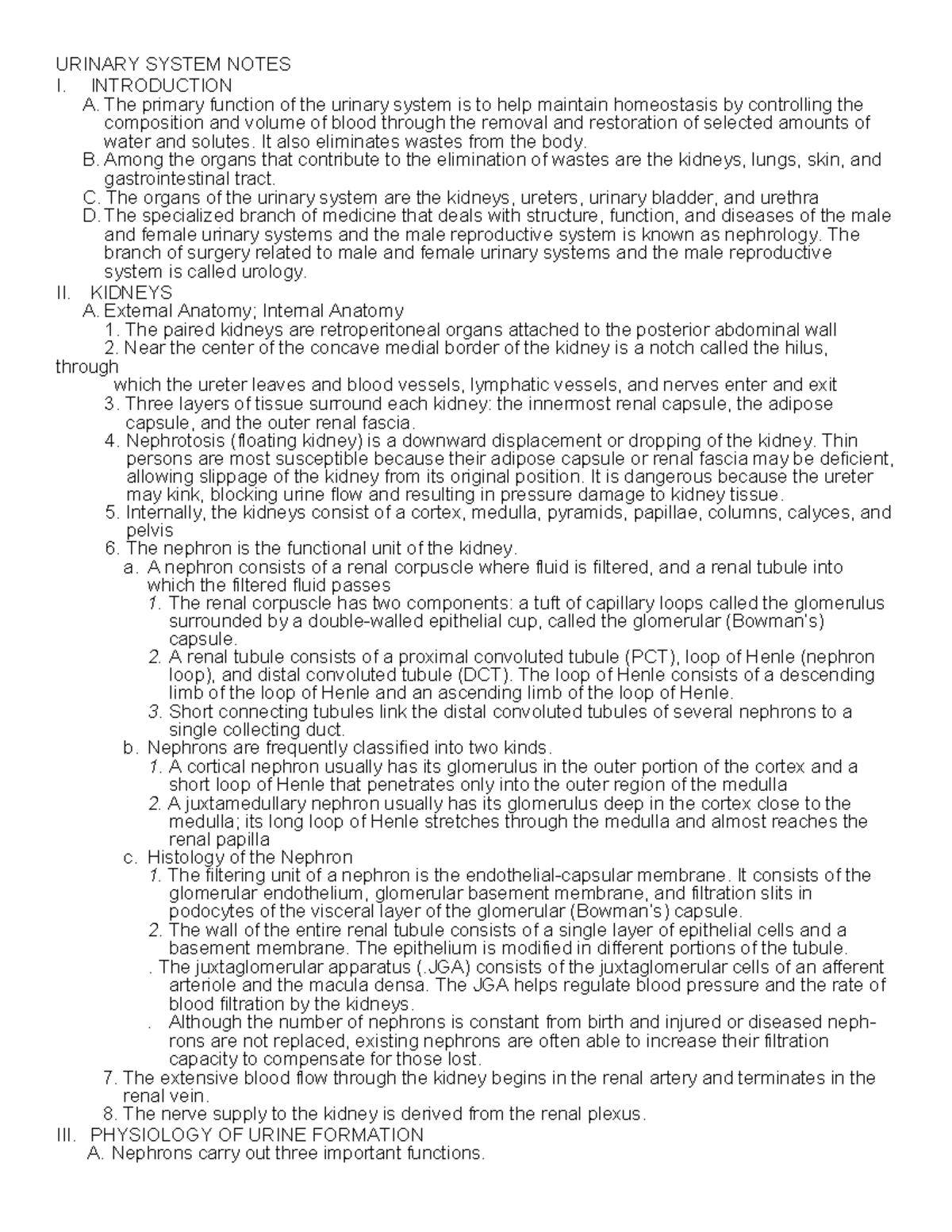 Urinary repro Notes(1) - URINARY SYSTEM NOTES I. INTRODUCTION A. The ...