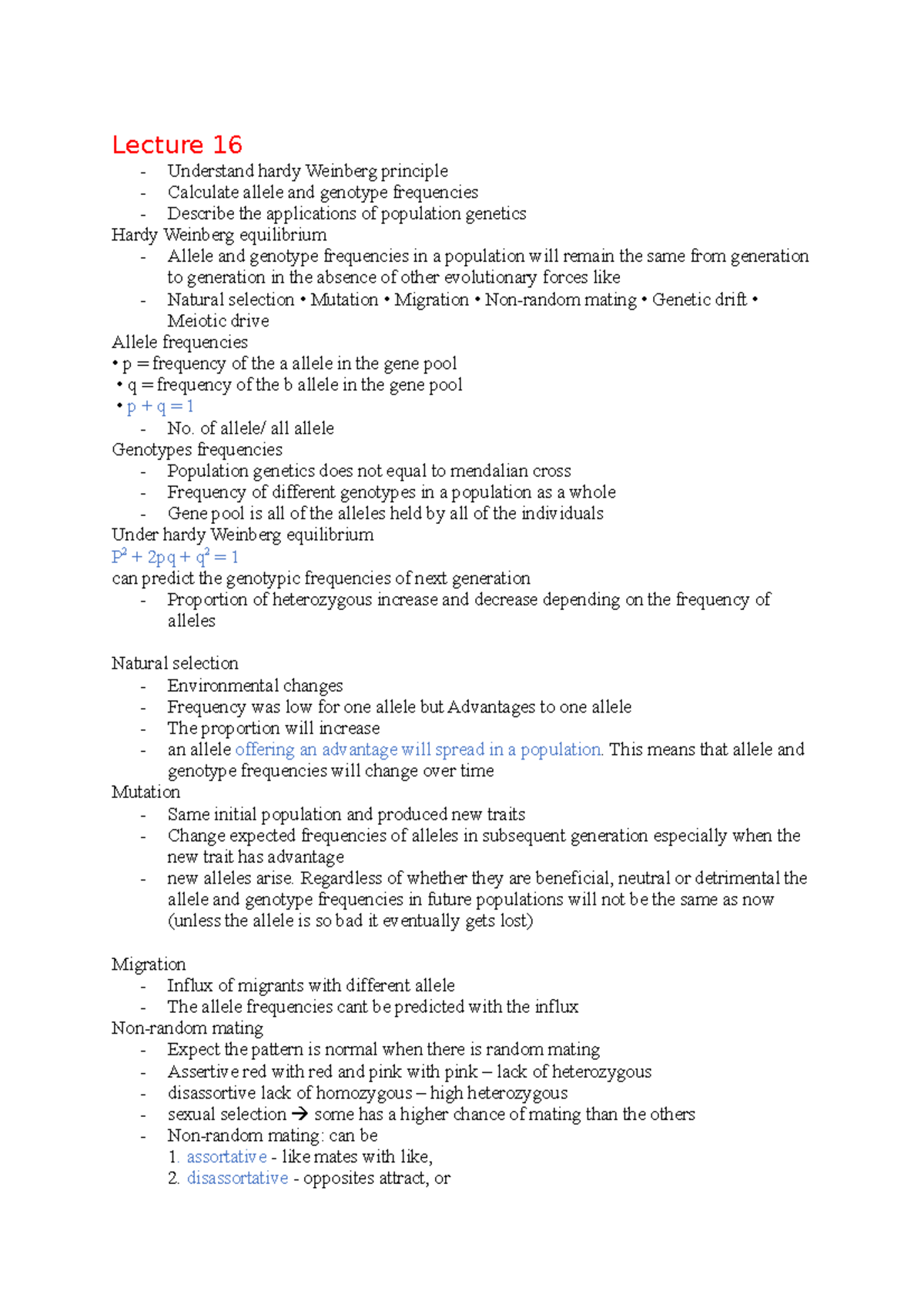 Lecture 16 - detailed notes - Lecture 16 Understand hardy Weinberg ...