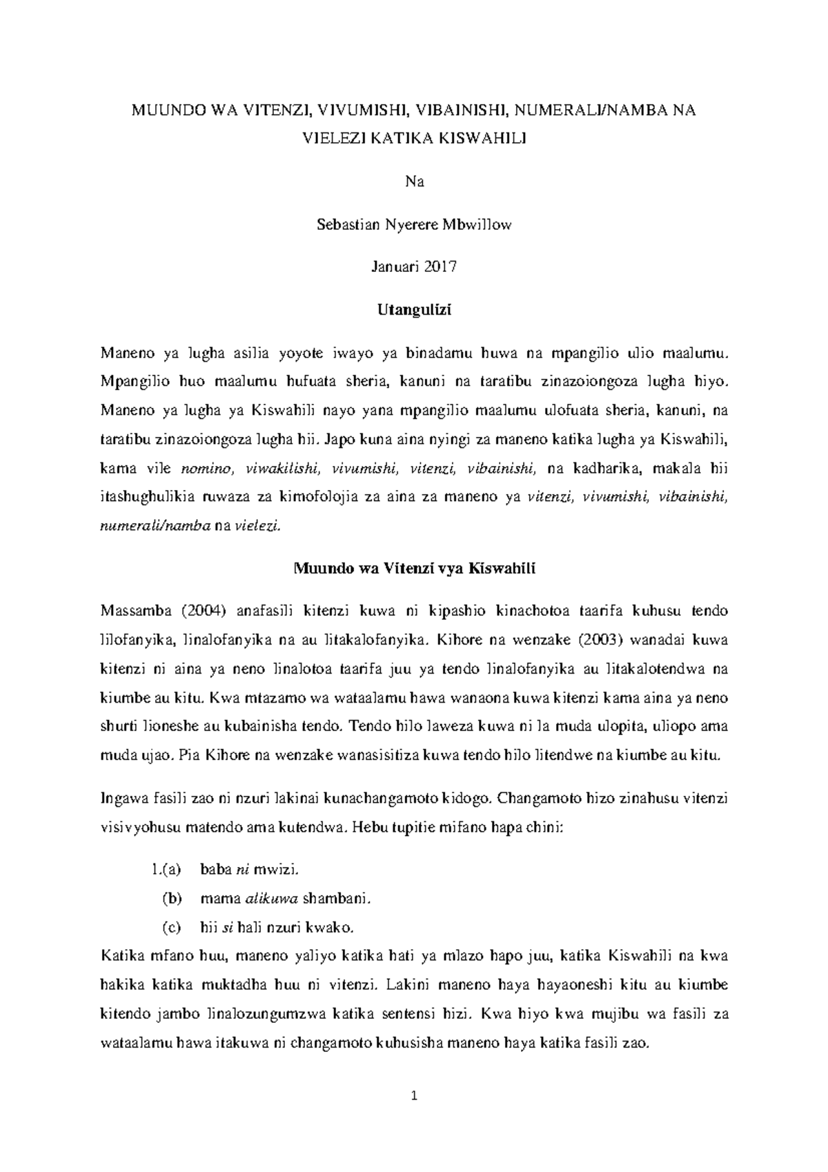 Muundo WA Vitenzi Vivumishi Vibainishi N - MUUNDO WA VITENZI, VIVUMISHI ...