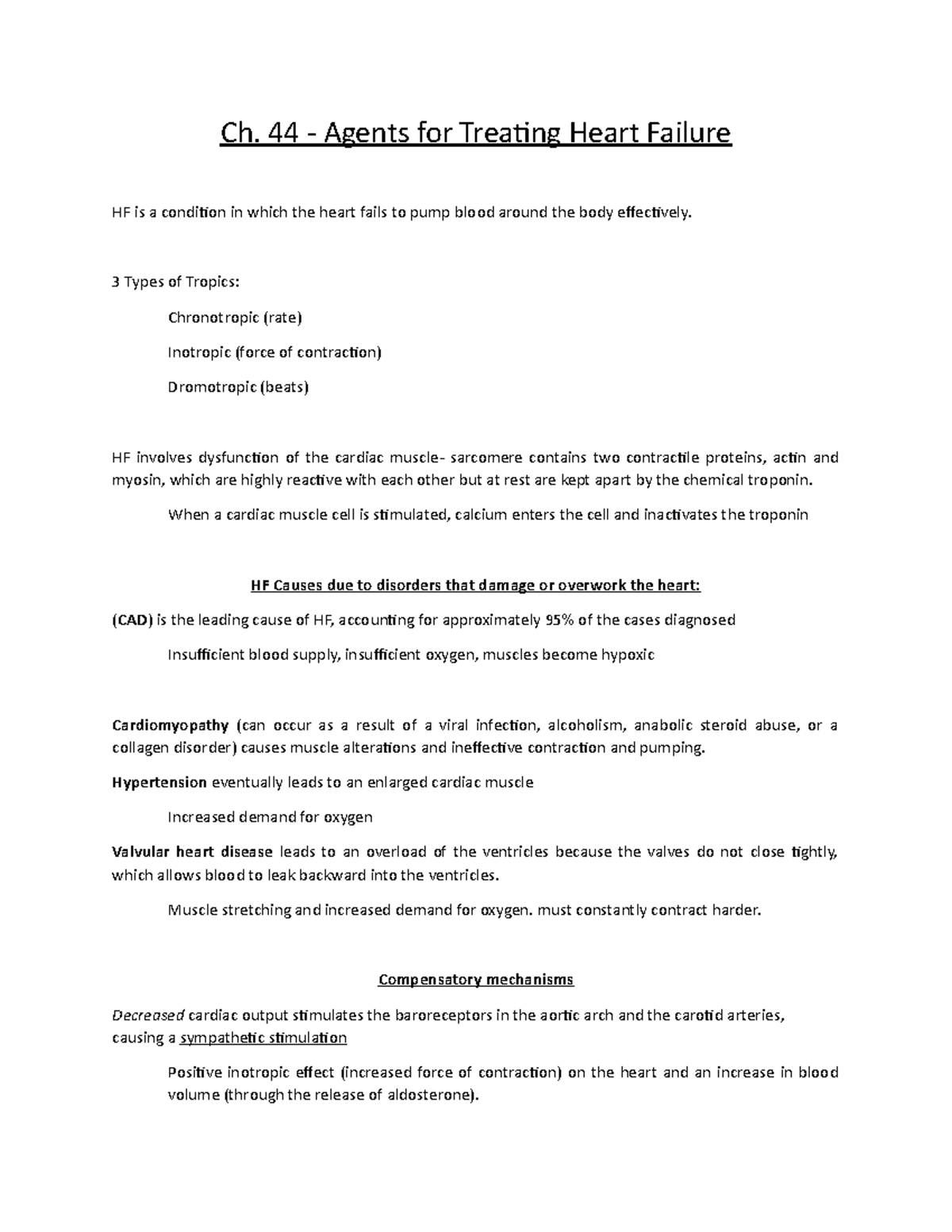 Ch. 44 Notes - Ch. 44 - Agents for Treating Heart Failure HF is a ...