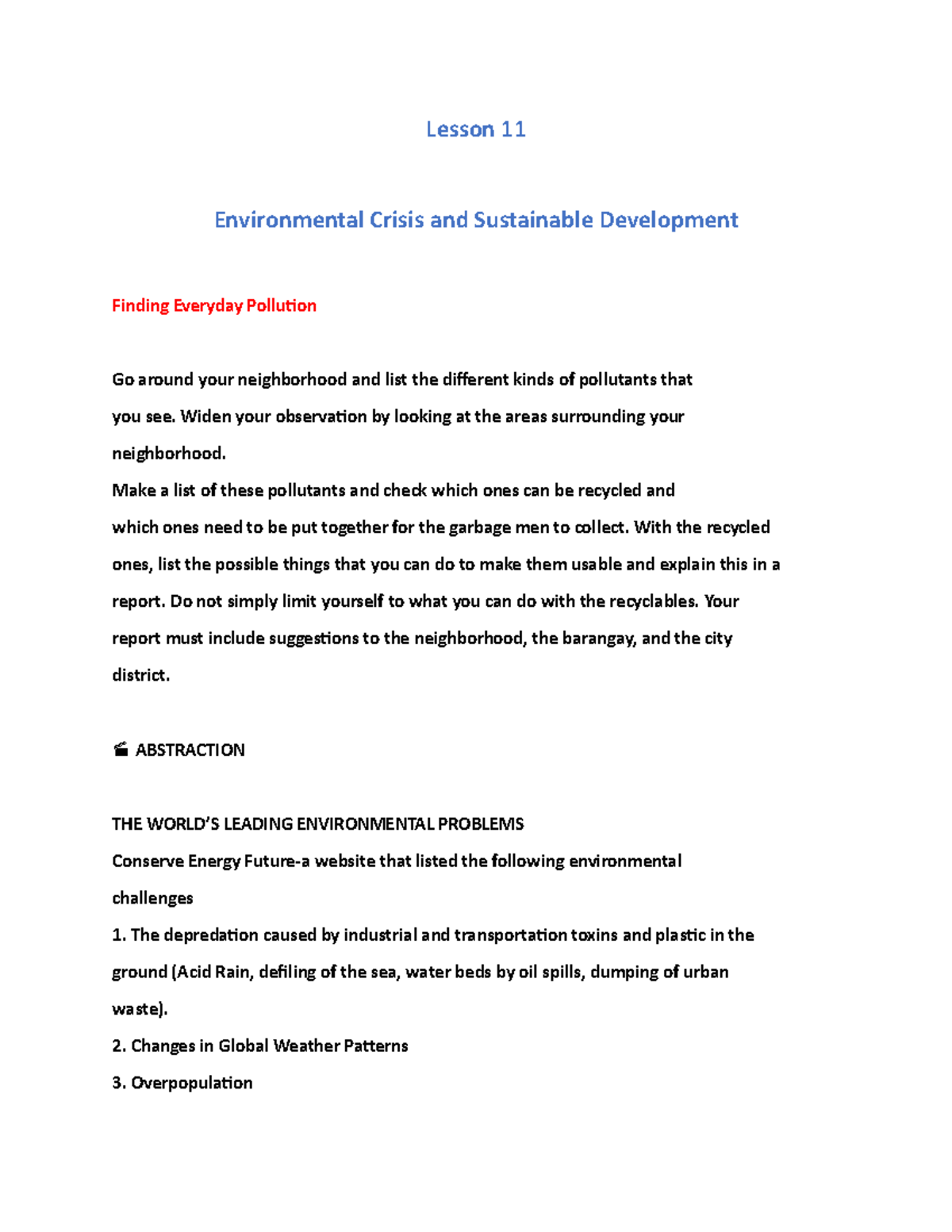 Lesson 11 Environmental Crisis and Sustainable Development - Widen your ...
