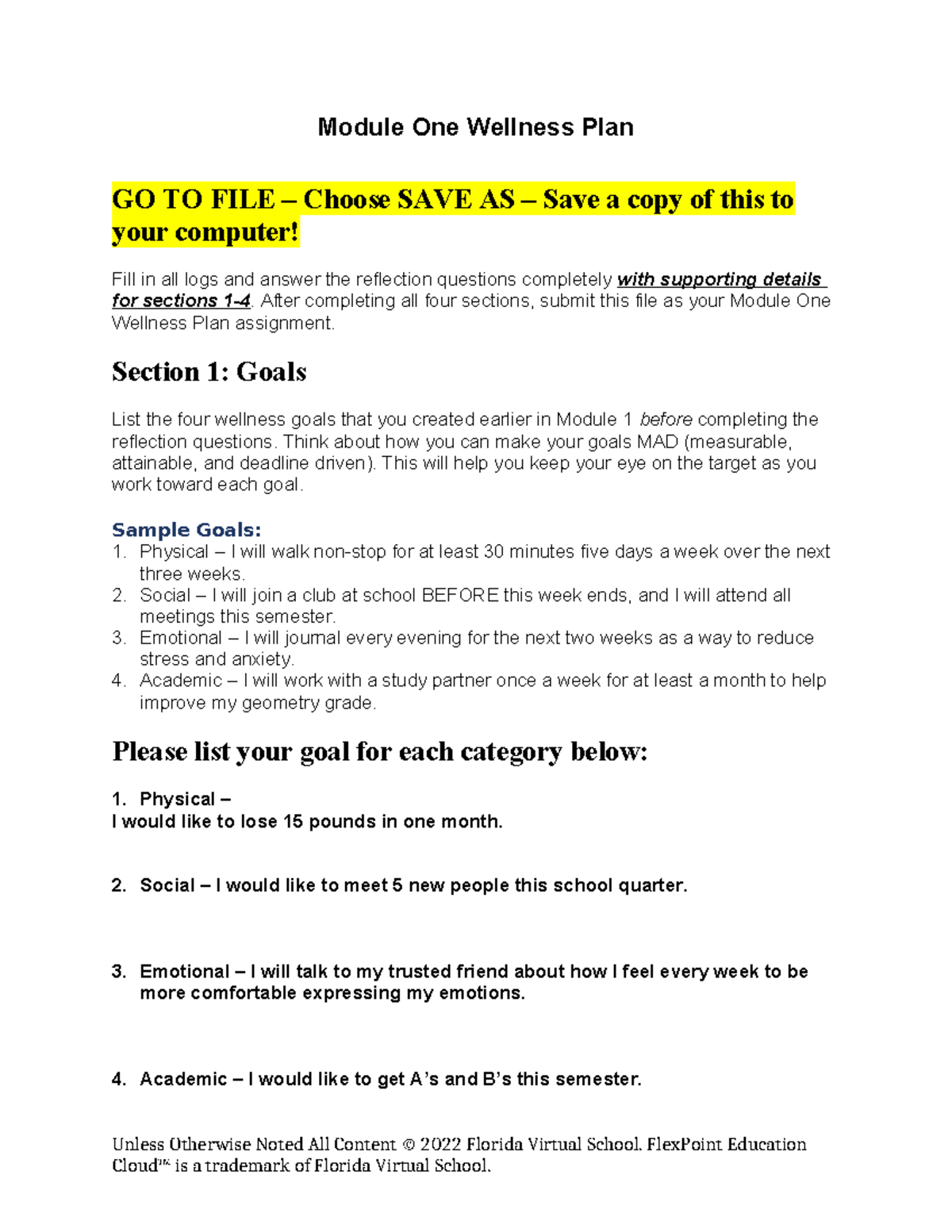Module 5 Wellness - Module One Wellness Plan GO TO FILE – Choose SAVE ...