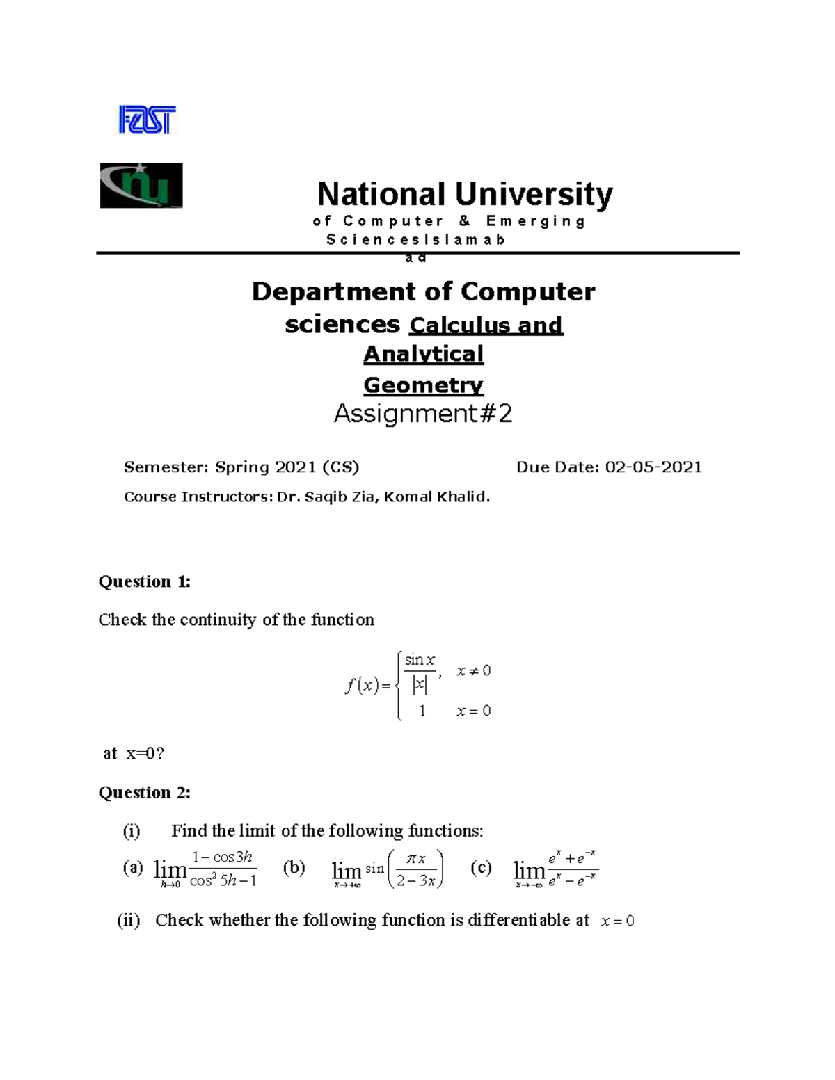 Assignment 2 - National University o f C o m p u t e r & E m e r g i n g S c i e n c e s I s l a ...