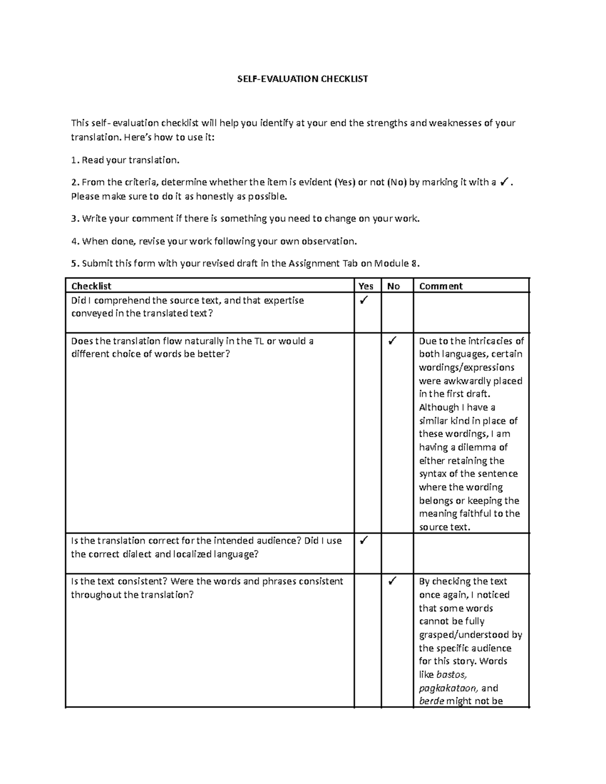 M7 Moron SELF EVAL Checklist ELEC1 - SELF-EVALUATION CHECKLIST This ...