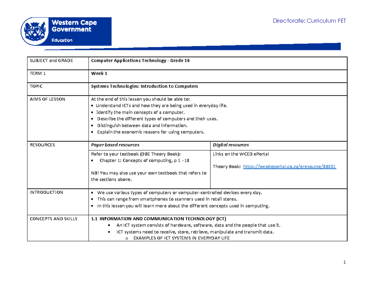 CAT Grade 10 T1 W1 2021 - Directorate: Curriculum FET SUBJECT and GRADE ...