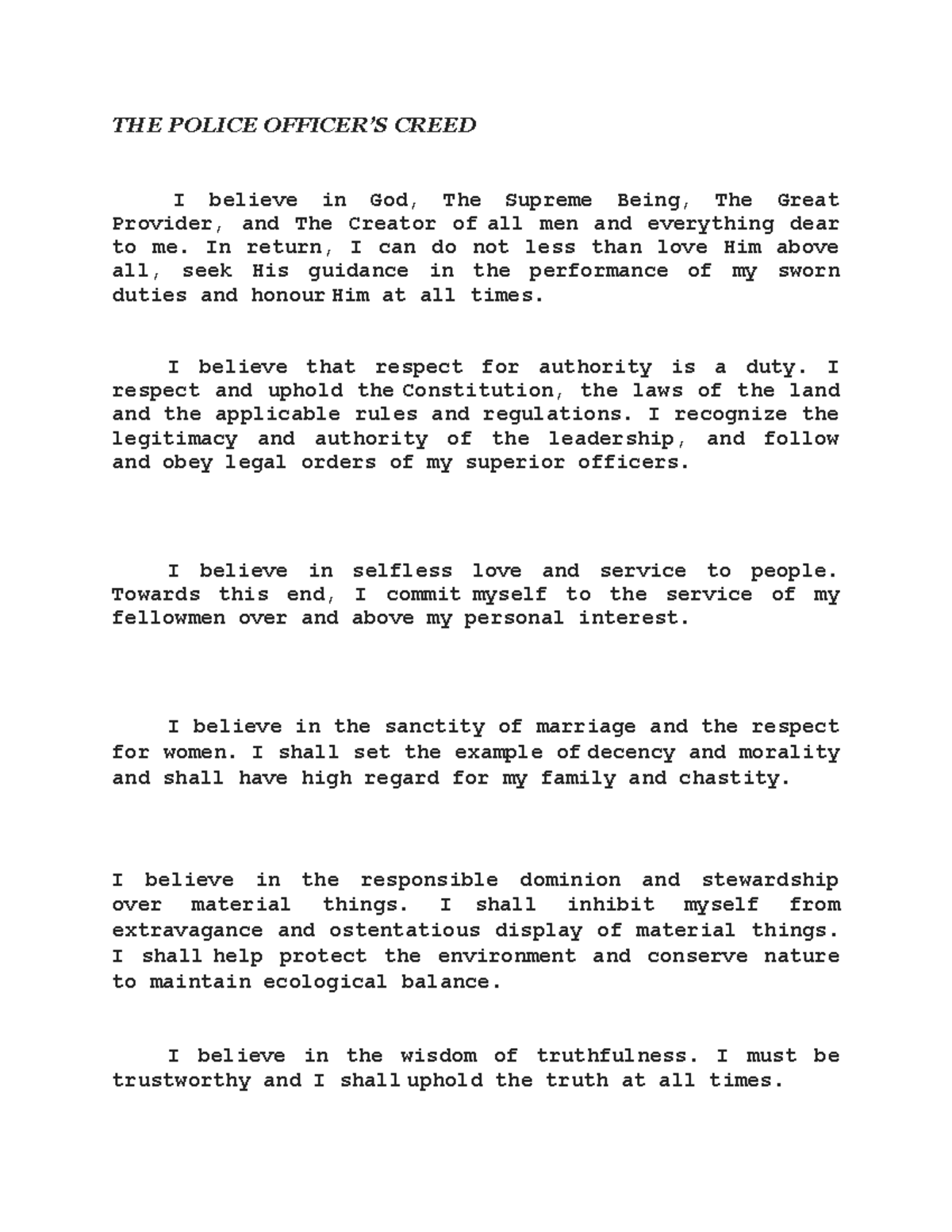 Police Officer'S Creed - THE POLICE OFFICER’S CREED I believe in God, The Supreme Being, The ...