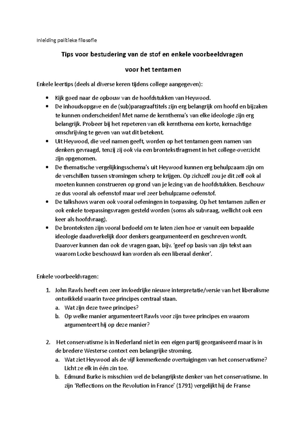 Tips voor bestudering en proeftentamen 1 - Inleiding politieke ...