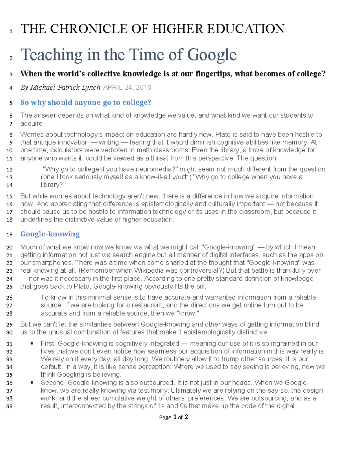 Teaching in the Time of Google - THE CHRONICLE OF HIGHER EDUCATION ...