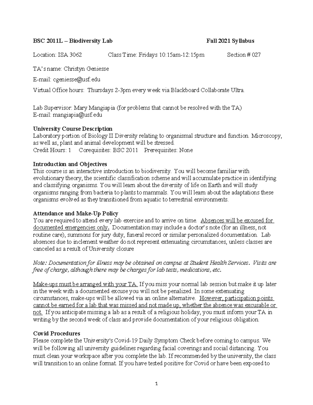 BSC 2011 L F2F FA21 Syllabus - BSC 2011L – Biodiversity Lab Fall 2021 ...