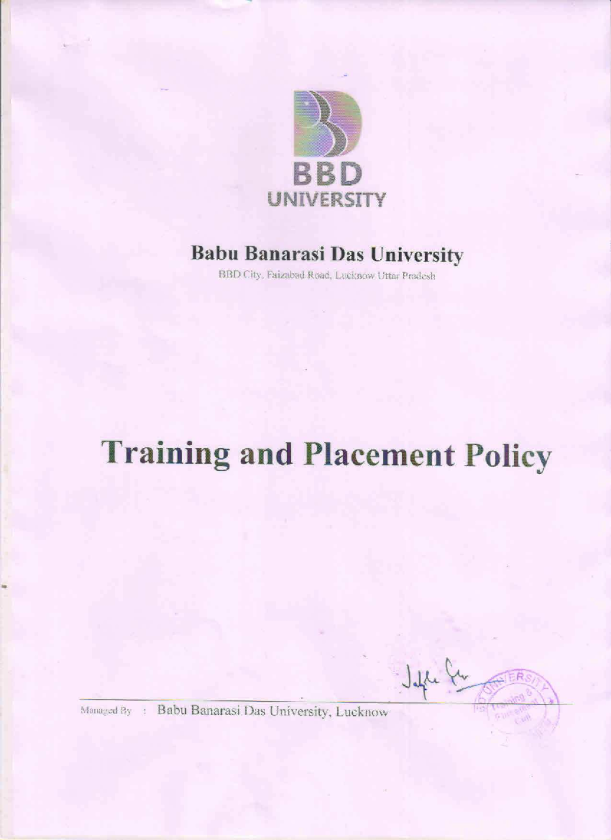 Training and Placement Policy BBDU - BBD UNIVERSITY Babu Banarasi Das University BBD City ...