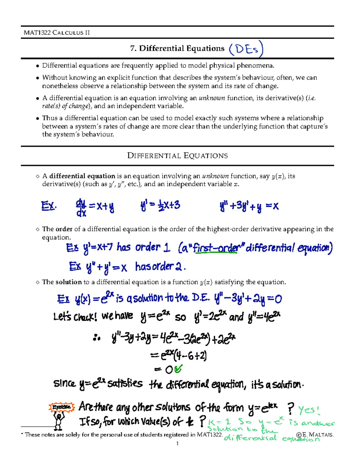 Note 7 - note 7 - MAT1322 C ALCULUS II 7. Differential Equations ...
