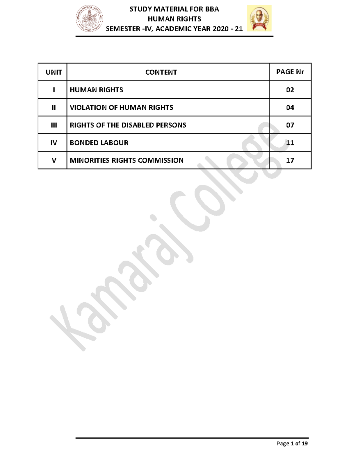 E007 Non Major Elective II - Human Rights - IV Sem - HUMAN RIGHTS ...