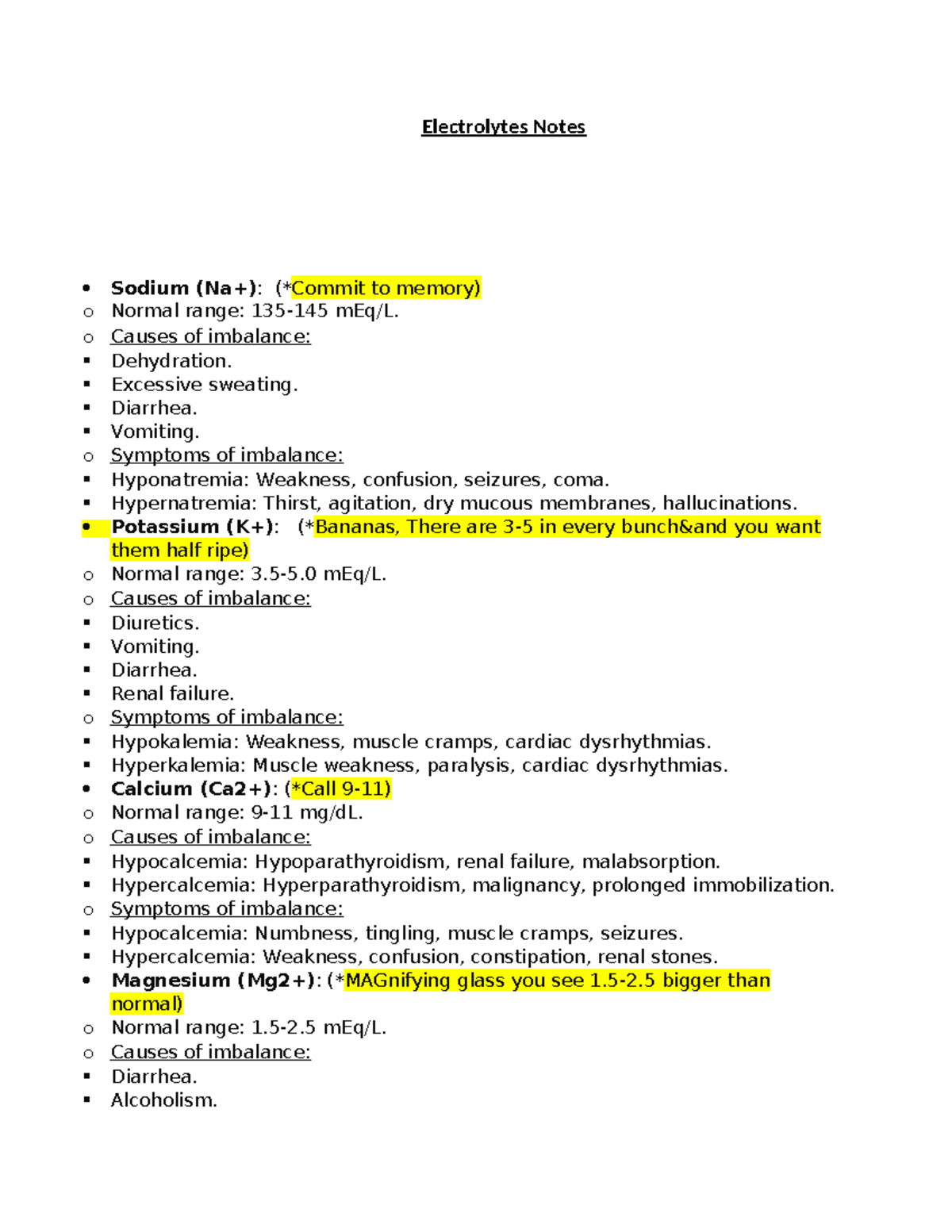 Electrolytes - o Causes of imbalance: Dehydration. Excessive sweating ...