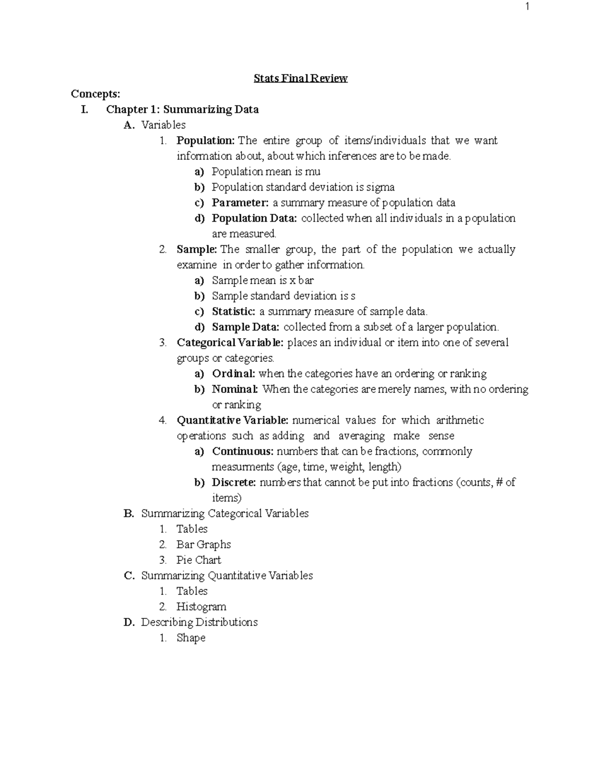 Stats Final Review - Summary Introduction to Statistics and Data ...